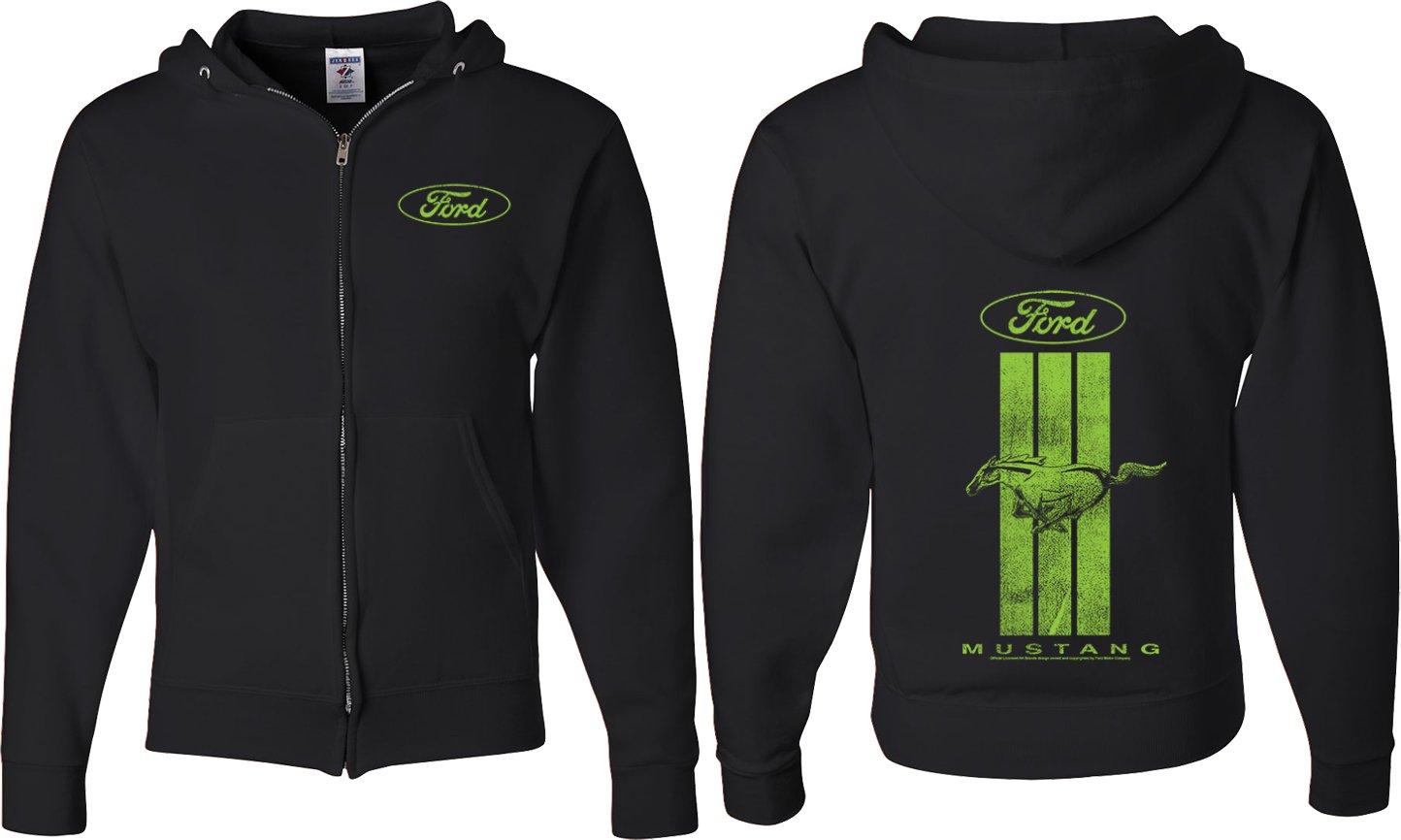 Ford Green Mustang Stripe (Front & Back) Full Zip Hoodie, Black, 3XL