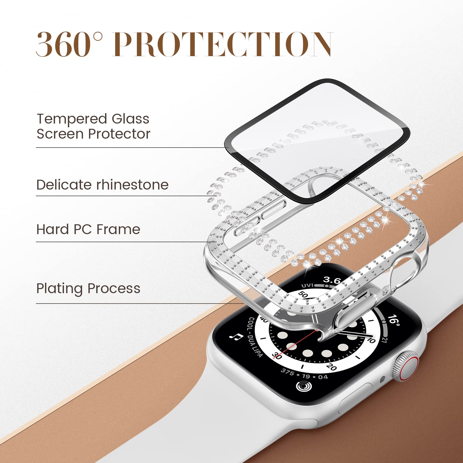 Goton Screen Protector Bling Case Compatible for 44mm SE Series 6 5 4 with Hard PC Tempered Glass Diamond Protective Full Face Cover Case Accessories for iWatch Girl Women