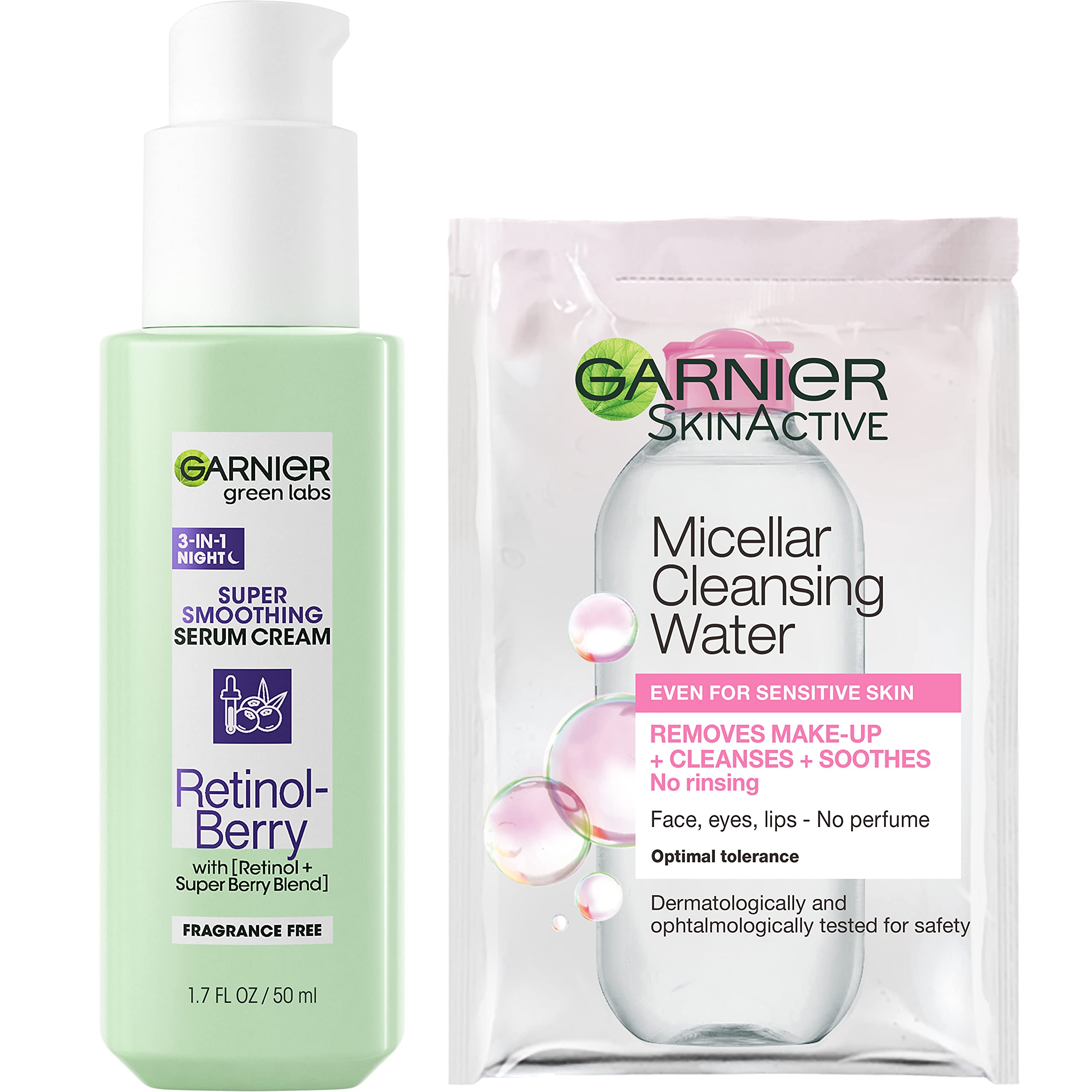 Garnier Green Labs Retinol-Berry Super Smoothing Night Serum Cream Moisturizer, 3-in-1 Retinol Serum, Night Cream, Eye Cream, 1 kit