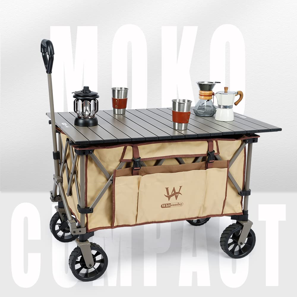 Folding Collapsible Wagon +Folding Stools*2, Utility Camping Park Wagon Cart with Aluminum Table Plate, Utility Camping Park Wagon Cart with Aluminum Table Plate