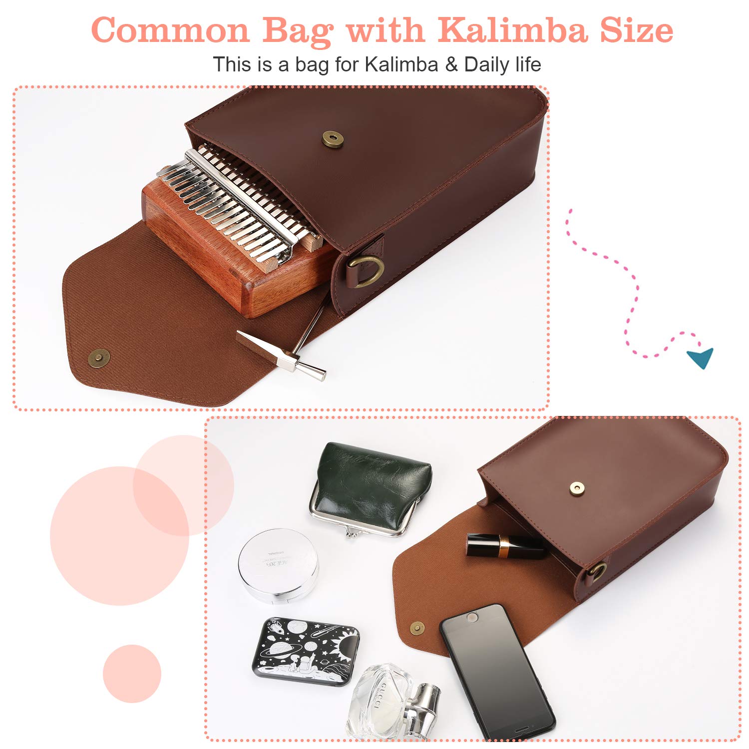 FIXM Kalimba Case, Kalimba Bag with Detachable Strap, PU Leather Multifunctional Thumb Piano Bag with Flannelette Bag