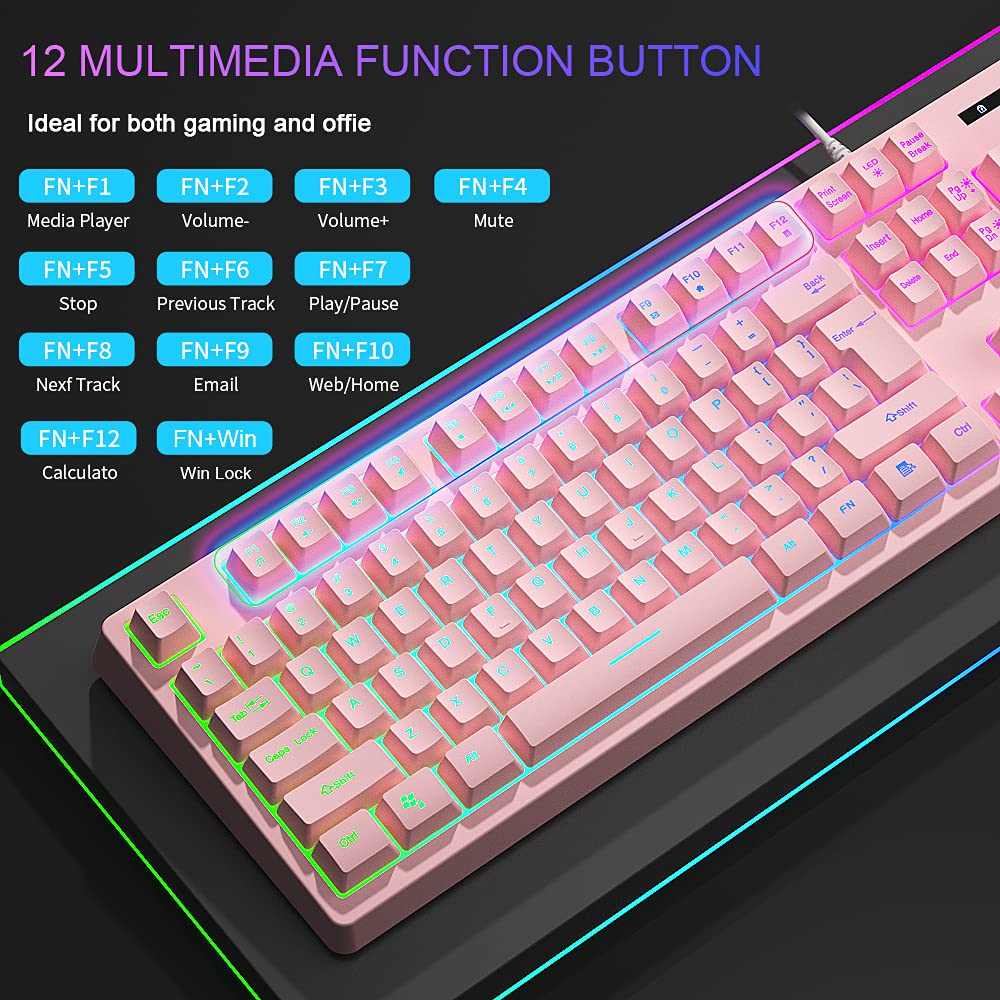 Gaming Keyboard and Mouse Combo Pink, Loreran Gaming Keyboard LED Colorful Lights Backlit Wired Pink Keyboard kawaii and cute keyboard Adjustable Light up Keyboards for Mac/PC/Laptop/Win7/Win8/Win10