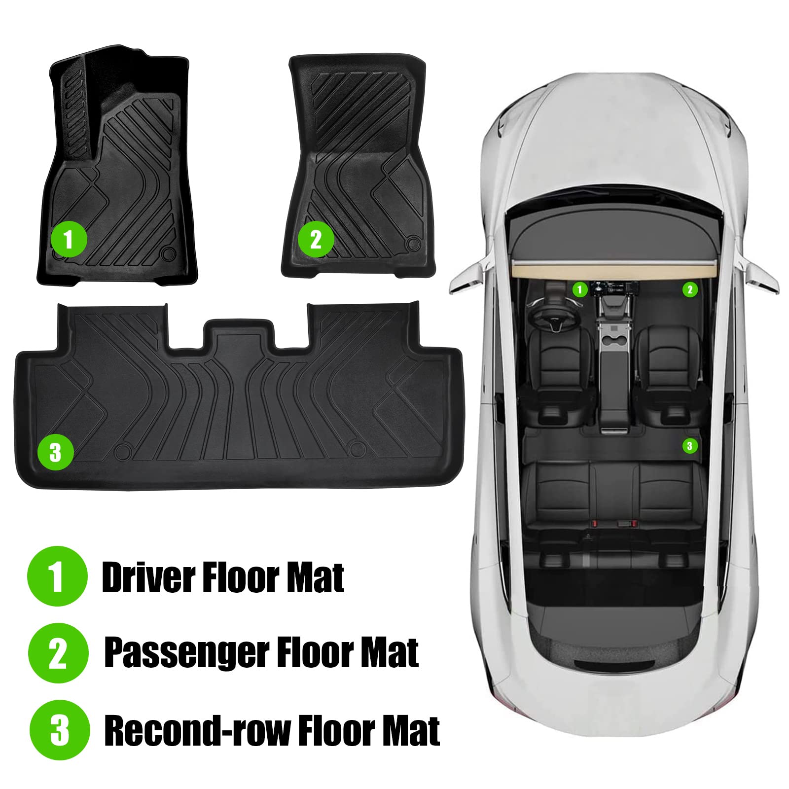 Fly5D 3PCS Tesla Model Y Floor Mats, All-weather Waterproof Non-slip Floor Mat, Custom Fit Floor Liners for Tesla Model Y 2019-2023 (1st & 2nd Row)