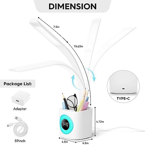 Hokone Desk Lamps for Home Office, LED Desk Lamp with Pen Holder, 10W Study Lamp with USB Adapter, Gooseneck White Desk Lamp Dimmable, RGB Touch Night Light for Kids