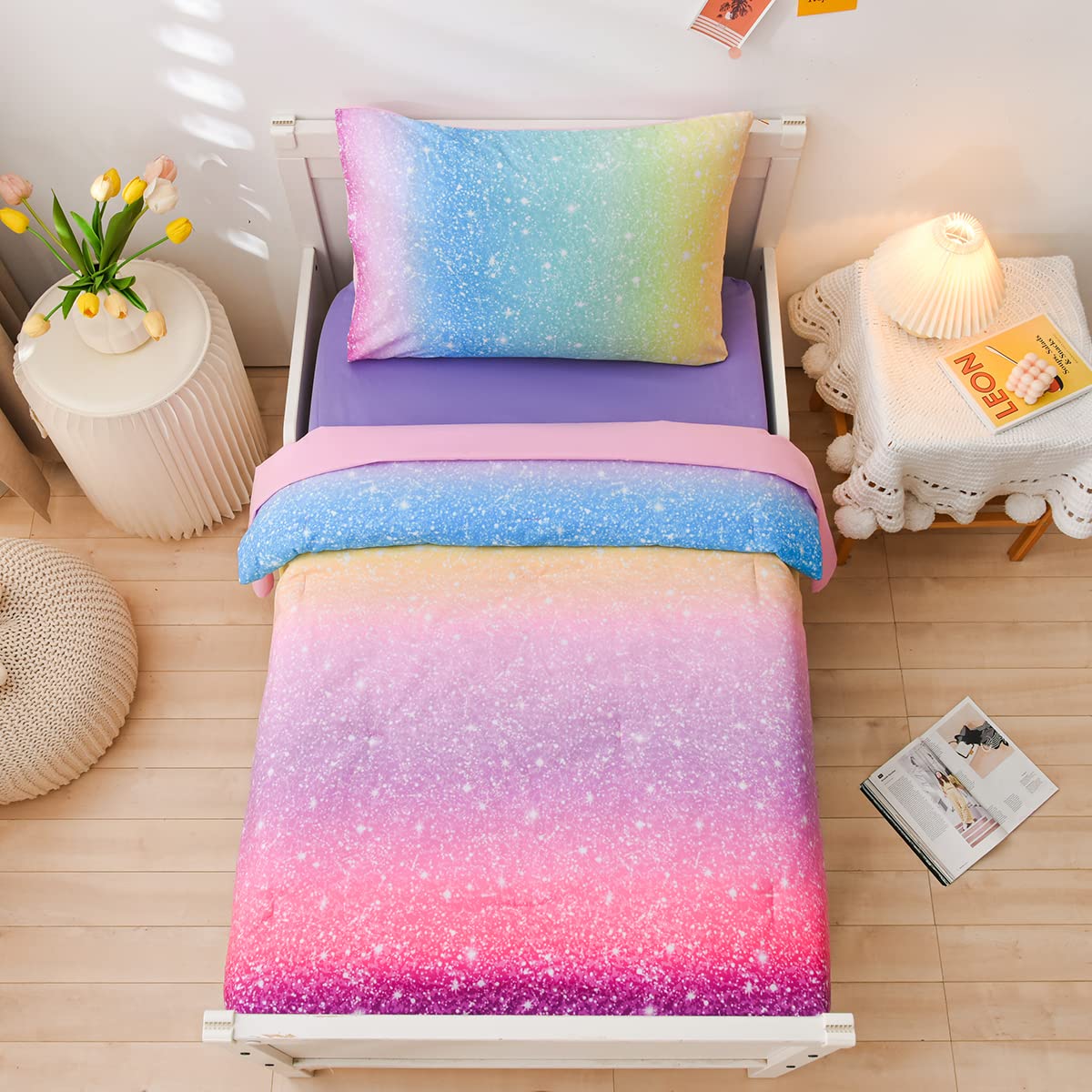 Holawakaka 4PCS Ombre Toddler Bedding Set, Colorful Gradient Stars Comforter Sheet Sets for Baby Girl Toddler Girls (Multi-Color)