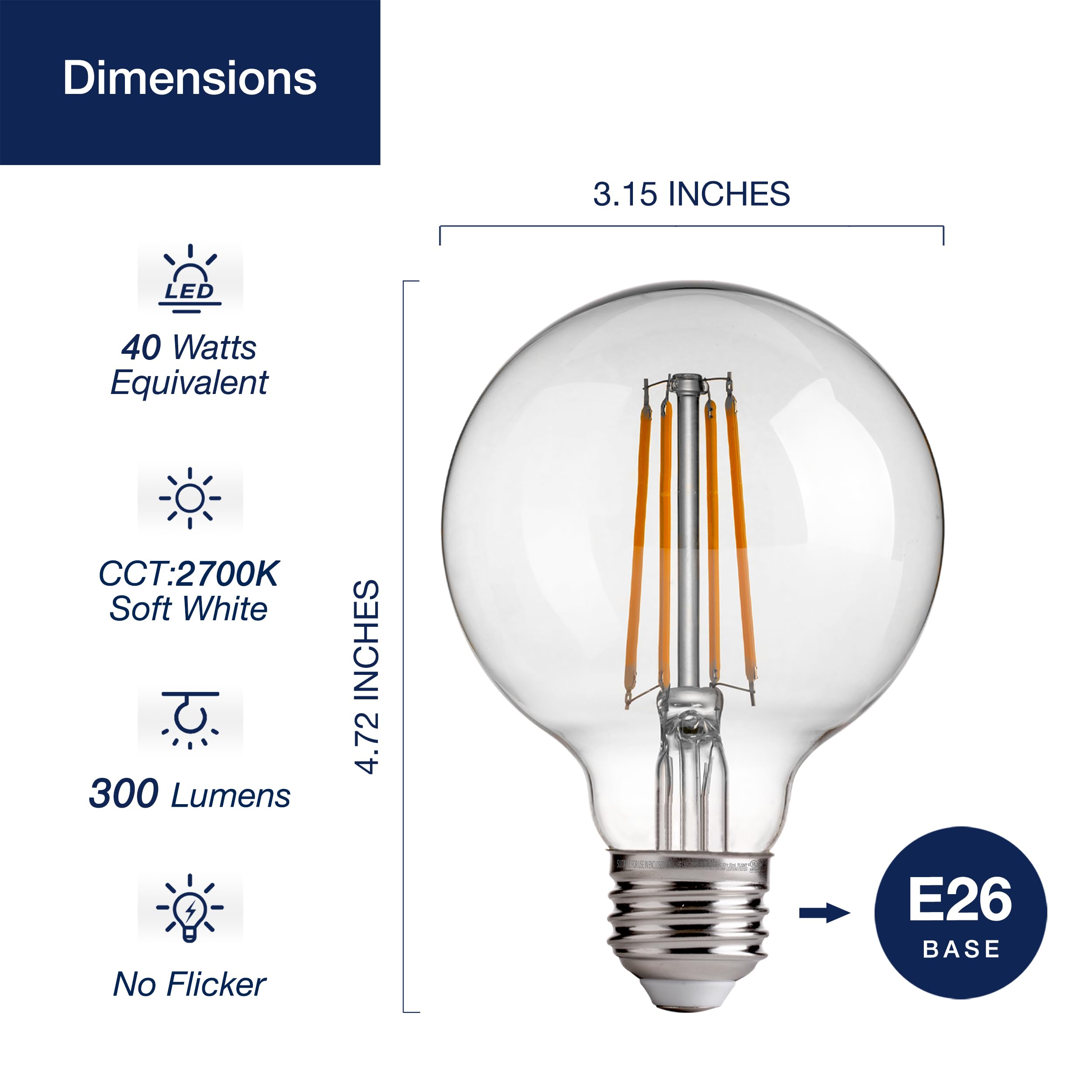 FLSNT LED Globe Edison Light Bulbs 40W Equivalent, Dimmable, 2700K Soft White, 300LM, E26 Base, CRI80, Clear Glass, 6 Pack
