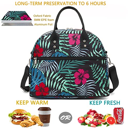 FlowFly Insulated Lunch Bag With Shoulder Strap for Women, Men, and Kids, Large and Reusable, Handle, Freezable Work and School Travel Tote and Meal Prep Organizer,Black#Leaf