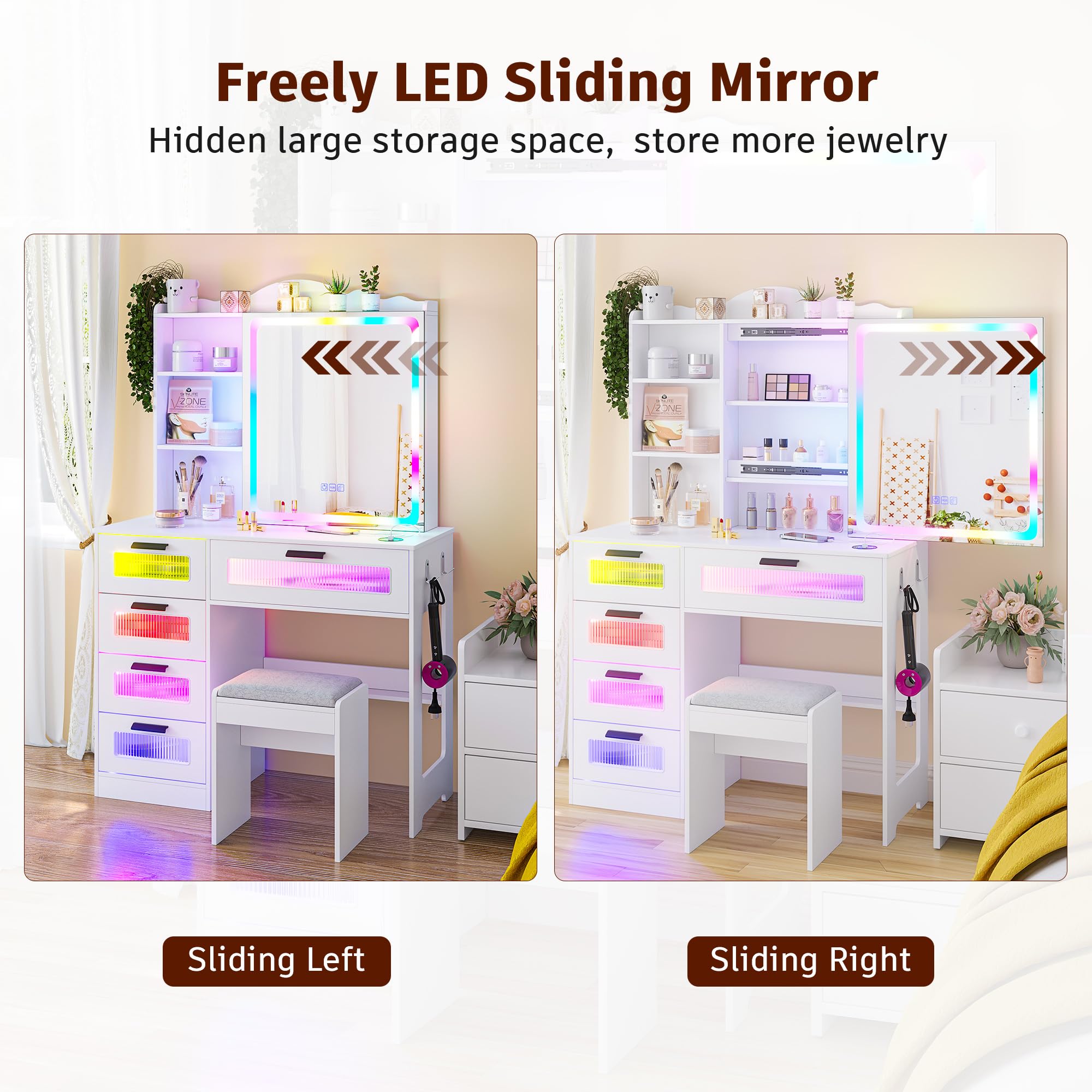 FOMNEY RGB LED Vanity Desk with Mirror and Lights, Makeup Vanity Desk with 3-in-1 Charging Station, Vanity Set with Stool&Sliding Touch Mirror, Makeup Dressing Table with 5 Drawers (White)