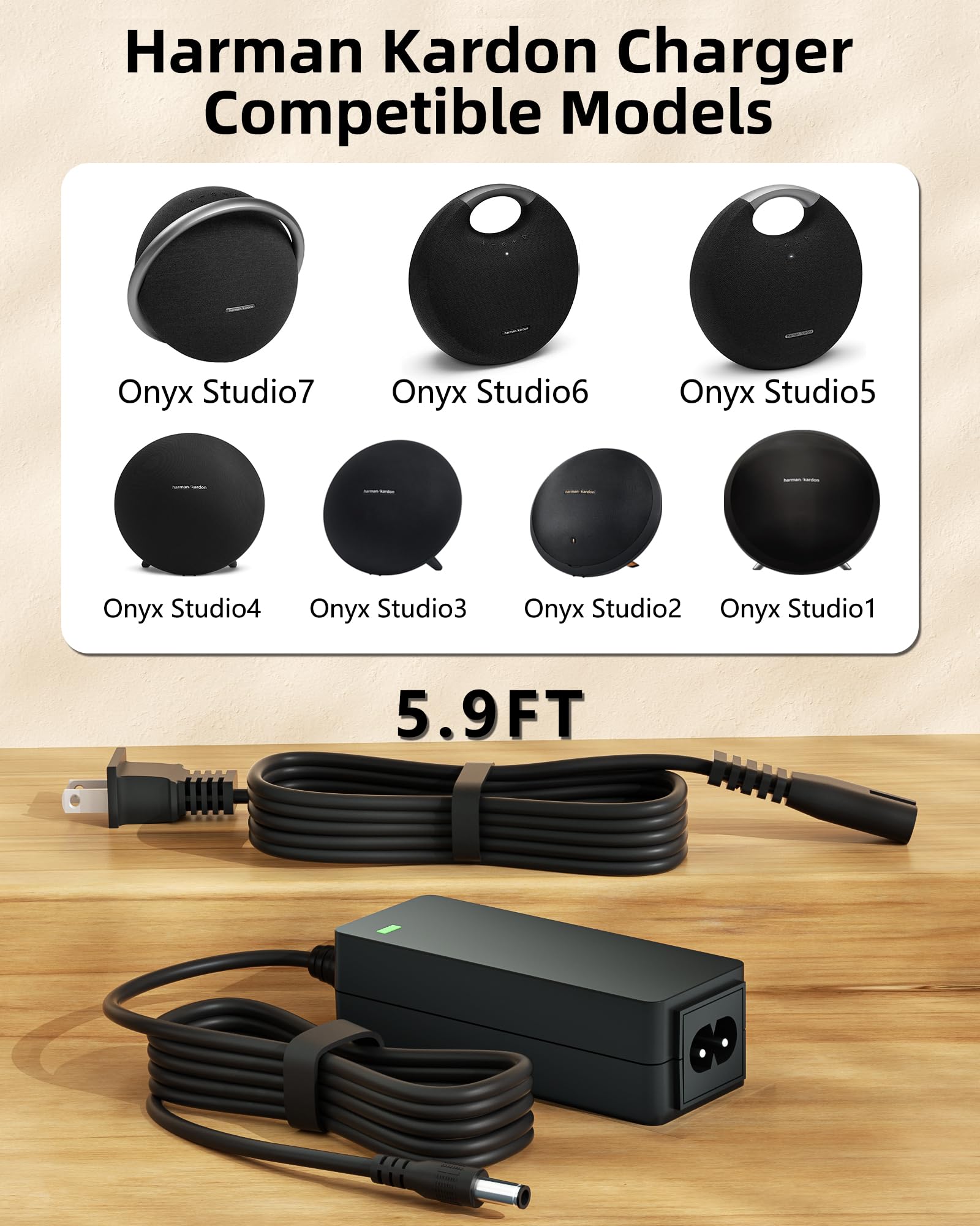 for Harman Kardon Charger Onyx Studio 7 6 5 4 3 2 1 Wireless Bluetooth Speaker Replacement Harmon Kardon Charger 19V AC Power Cord Supply【10 FT】 VHBW