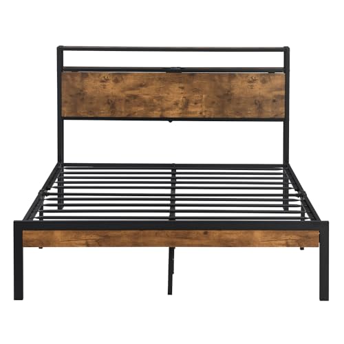 Foinfun King Bed Frame with USB and AC Charging, King Platform Metal Bed, Headboard with 2 Layers of Shelving, No Box Spring Needed, Brown