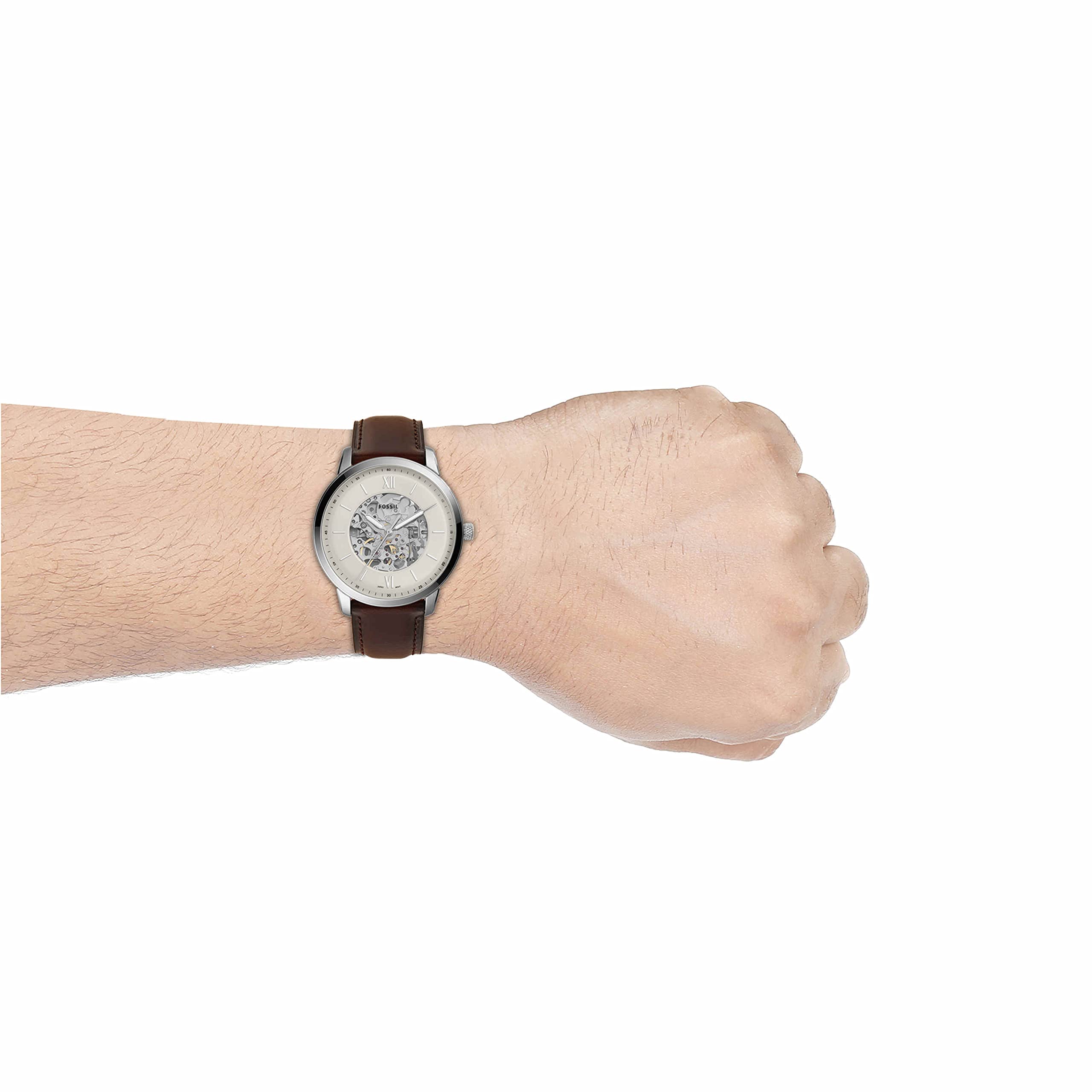 Fossil Men's Neutra Automatic Stainless Steel and Leather Three-Hand Skeleton Watch, Color: Silver, Brown (Model: ME3184)