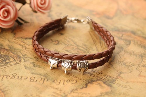 Fox Bracelet,Cute Fox Head Charm Bracelet,Brown Leather Rope Bracelet,Birthday Gift