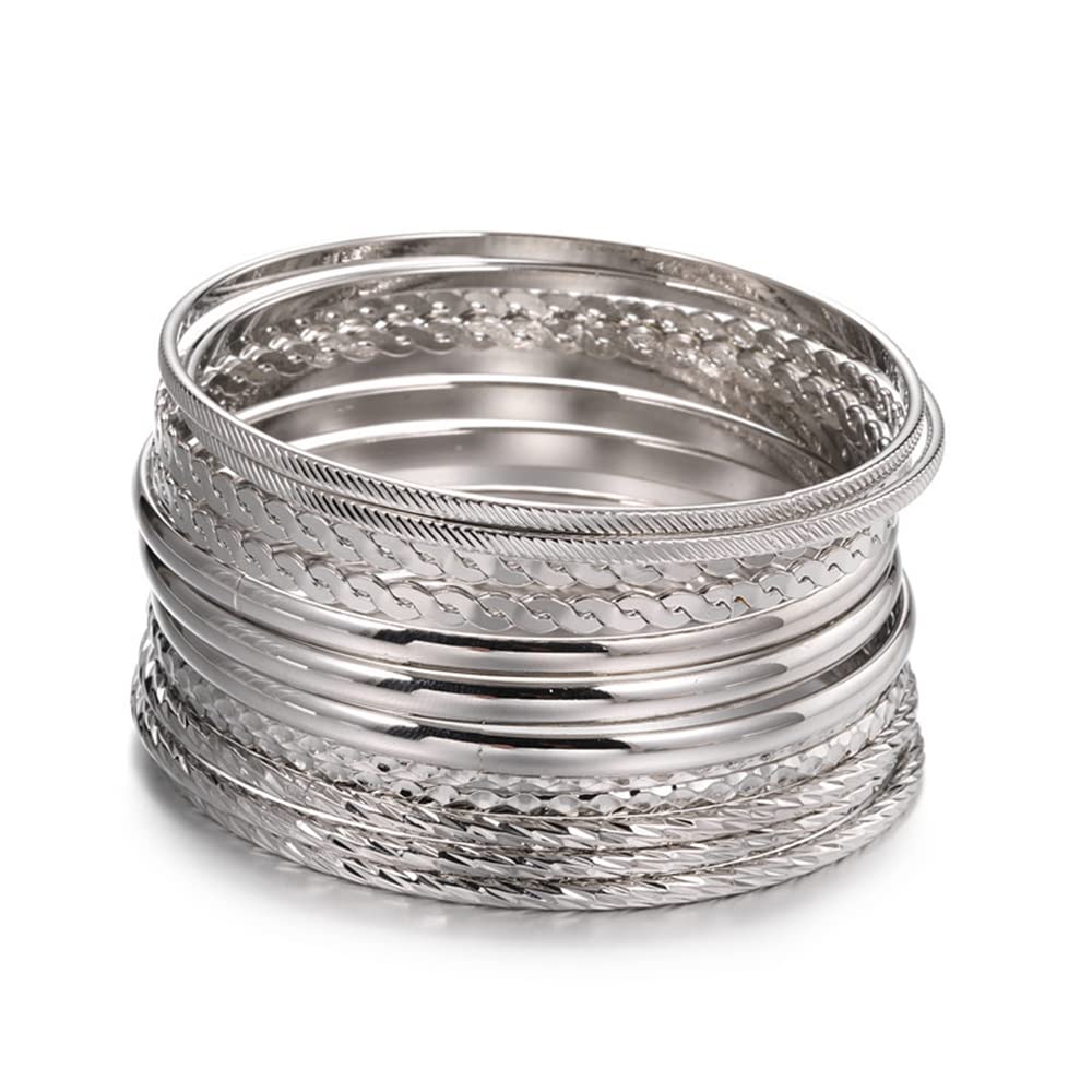 FINZOR 12Pcs Bangle Collection Alloy Metal Textured Color Design Jewelry Large Size Bangle Bracelets Set for Women(Silver)