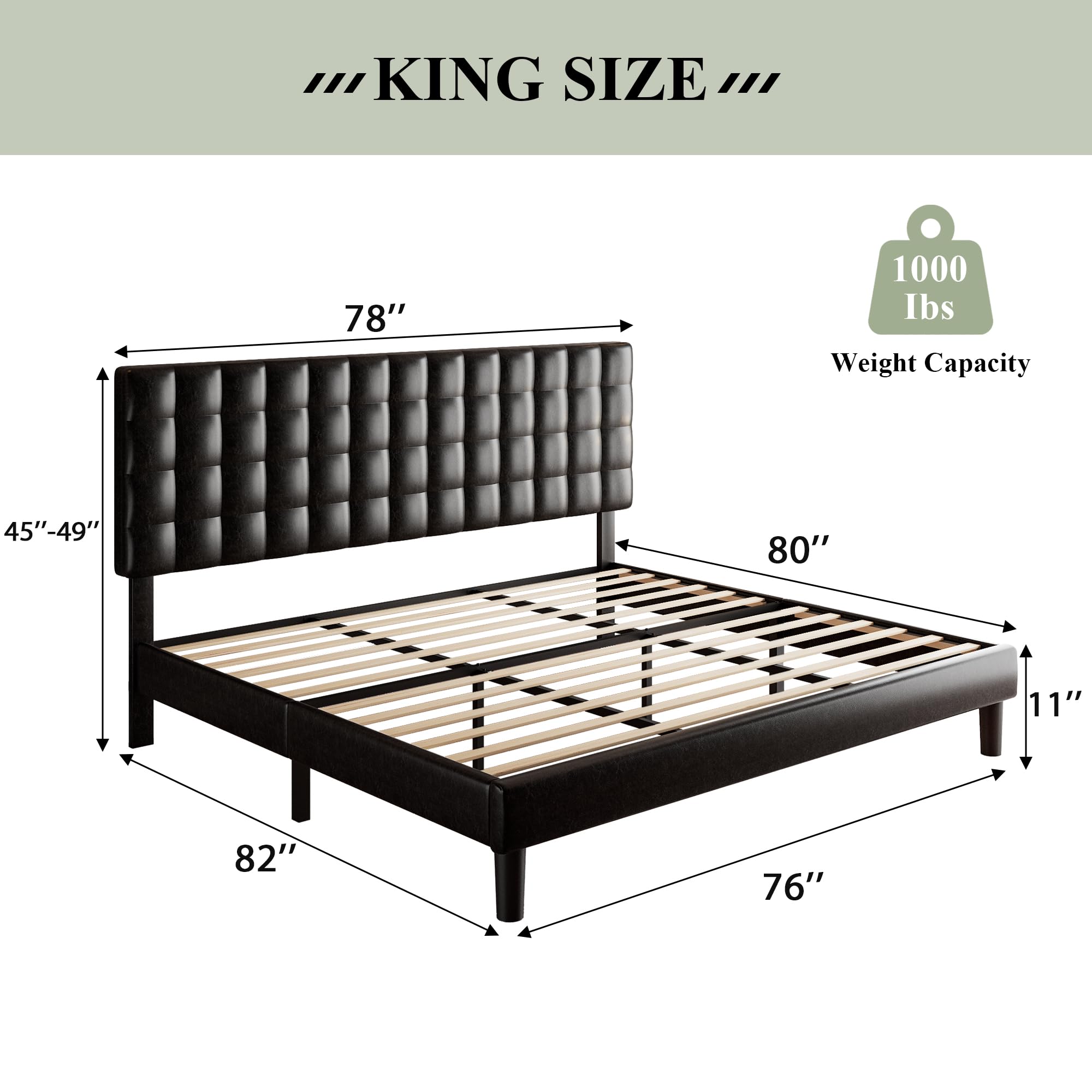 Feonase King Size Bed Frame with Square Stitched Headboard, Faux Leather Upholstered Platform Bed Frame, High-Density Sponge Filled, Solid Wood Slats, No Box Spring Needed, Noise-Free, Black
