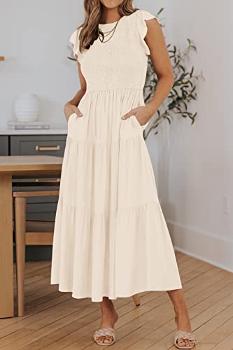 ZESICA Women's 2023 Summer Casual Flutter Short Sleeve Crew Neck Smocked Elastic Waist Tiered Midi Dress,Apricot,Large