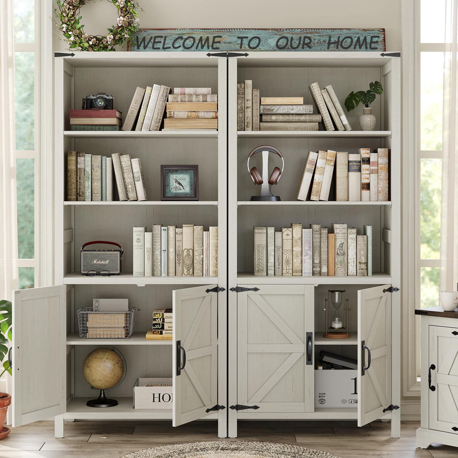 furomate Farmhouse Bookcase and Bookshelf with Doors, 5-Shelf Bookcase Adjustable Bookshelf, Wood Bookcase Tall Storage Cabinet for Bedroom, Living Room, Kitchen, White