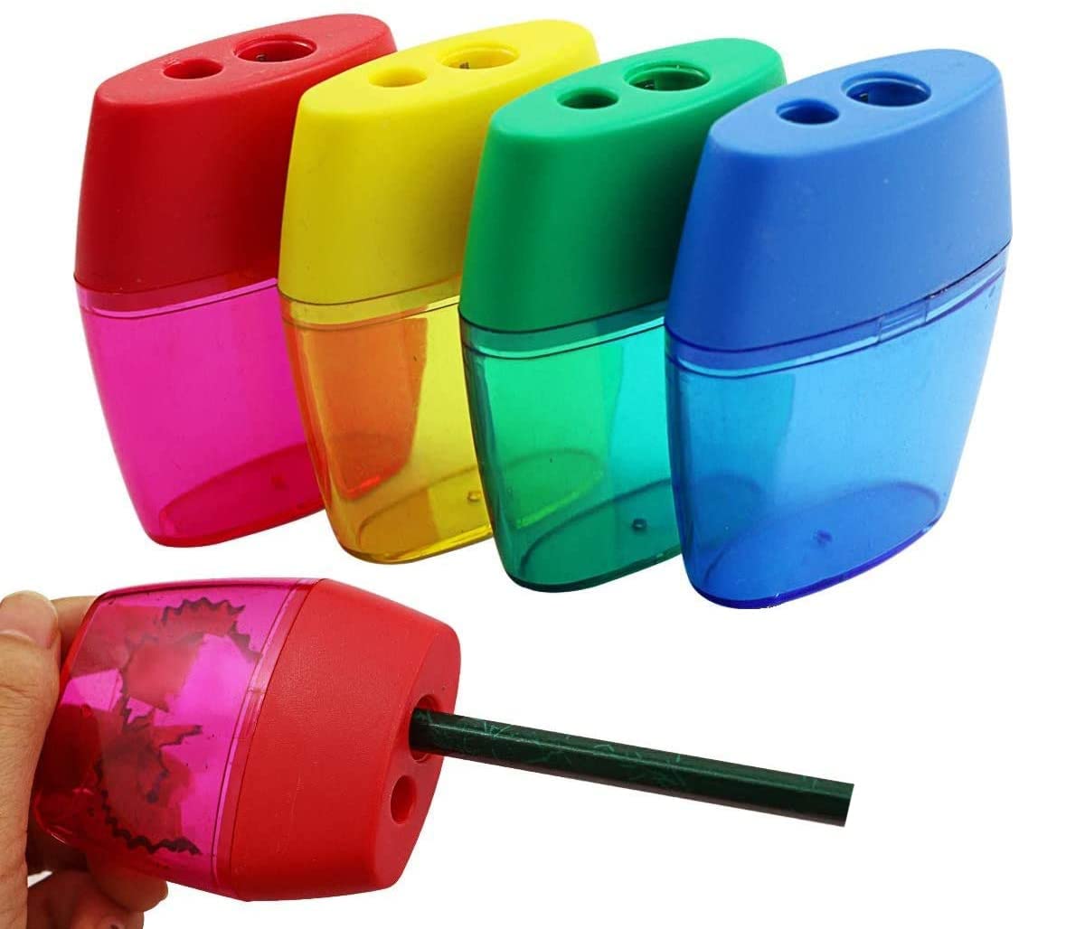 Finico 12 PCS Double Hole Pencil Sharpener,Double Holes Triangular Shape Pencil Sharpener with Cover and Receptacle for School and Work,Two Hole Pencil Sharpener(Green, Blue, Yellow, red)