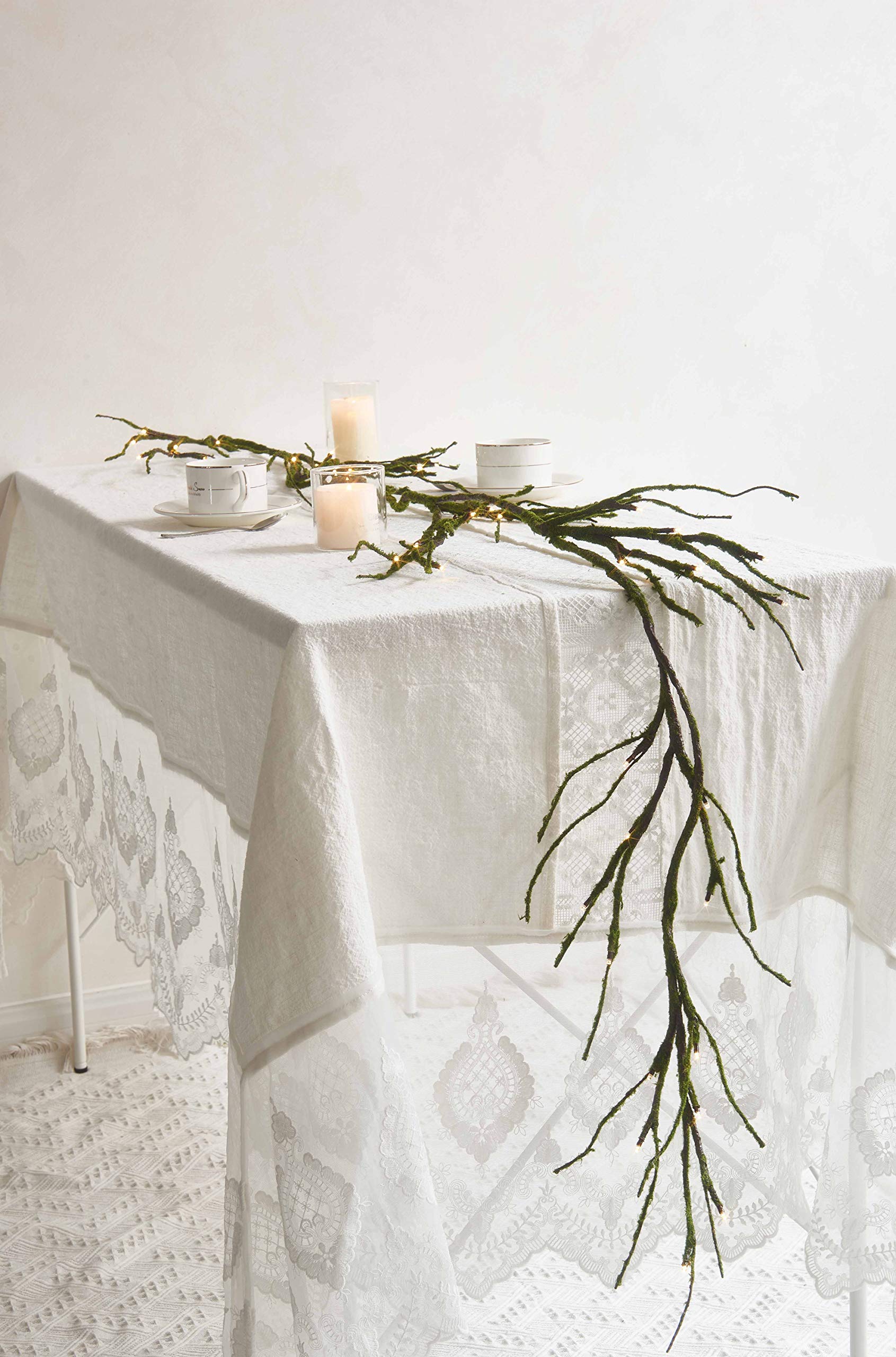 Fudios Greenery Garland with Lights for Mantle with Timer 48 LED 6FT Mossy Vine Garland Lights for Table Centerpieces Indoor Outdoor