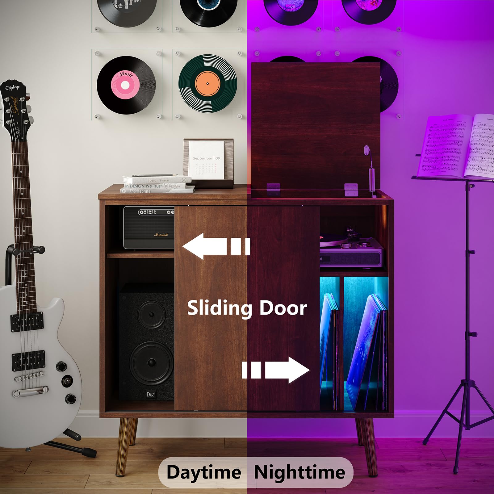 furomate Record Player Stand with Storage, 2 Tier Vinyl Record Storage Cabinet, Mid-Century Record Player Table with Power Outlets & LED Lights, Turntable Stand for Living Room, Mahogany