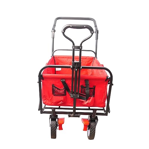 Folding Wagon Collapsible Outdoor Utility Wagon, Heavy Duty Folding Garden Portable Hand Cart, Drink Holder, Adjustable Handles
