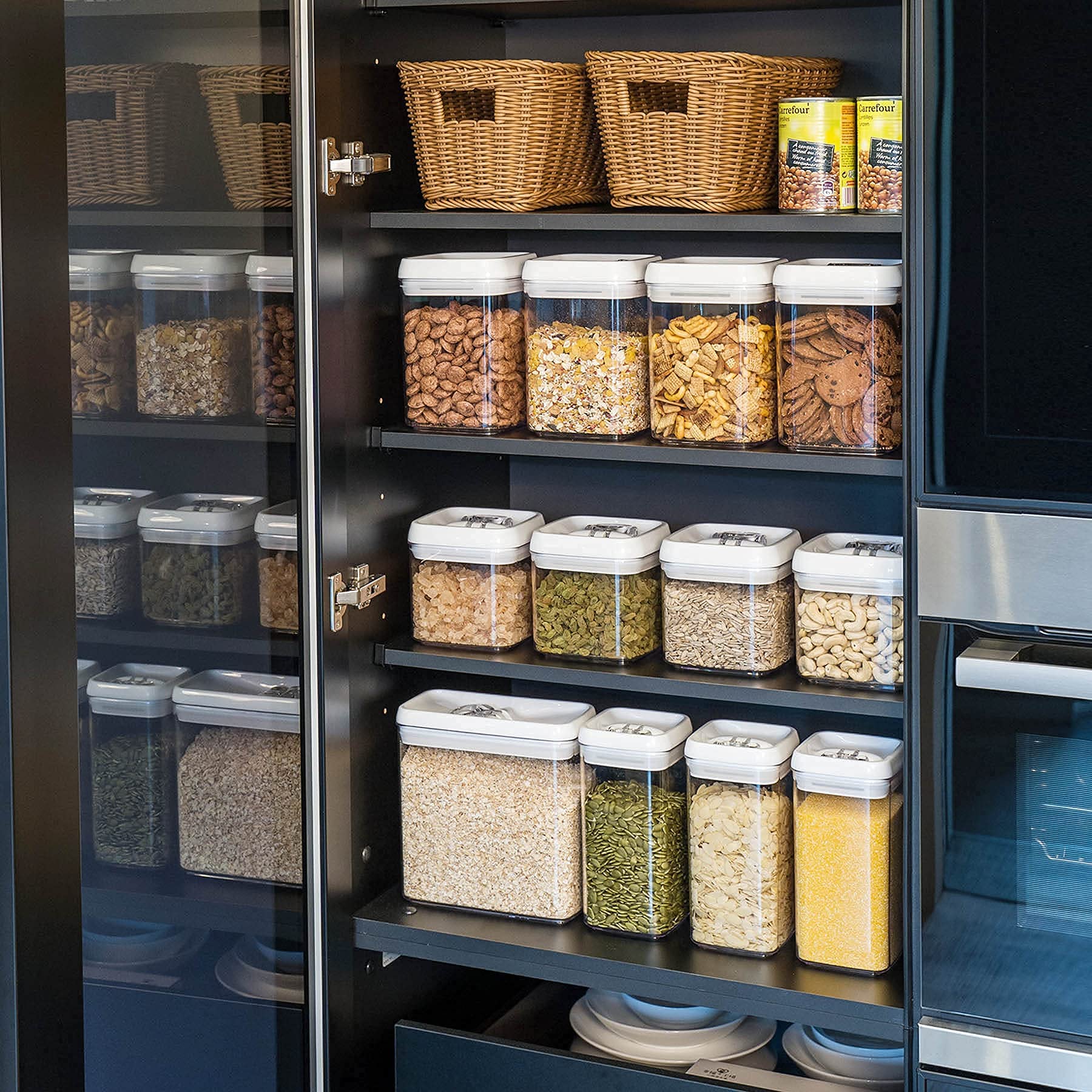 Felli Flip Tite Food Storage Container 5β LARGE 5pk Set + No Residue Label, Airtight Lid Easy Lock Top Stackable, Plastic Canister Jar for Pantry Kitchen Fridge Organizer Pasta Protein Powder Spice