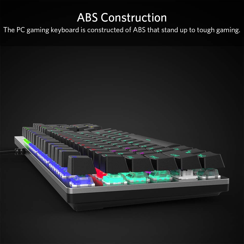 FIODIO Mechanical Gaming Keyboard, Fantastic LED Rainbow Backlit Wired Keyboard, Full Anti-Ghosting Keys, with Quick-Response Blue Switches and Multimedia Control for PC and Desktop Computer (Renewed)