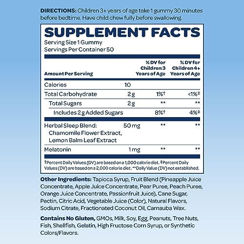 The Smurfs 1mg Melatonin Gummies for Kids with Chamomile & Lemon Balm for a Restful Sleep Age 3+ | Non-Habit Forming | Made with Real Fruit in a Smurf Berry | Doctor Developed | 50 Vegetarian Gummy