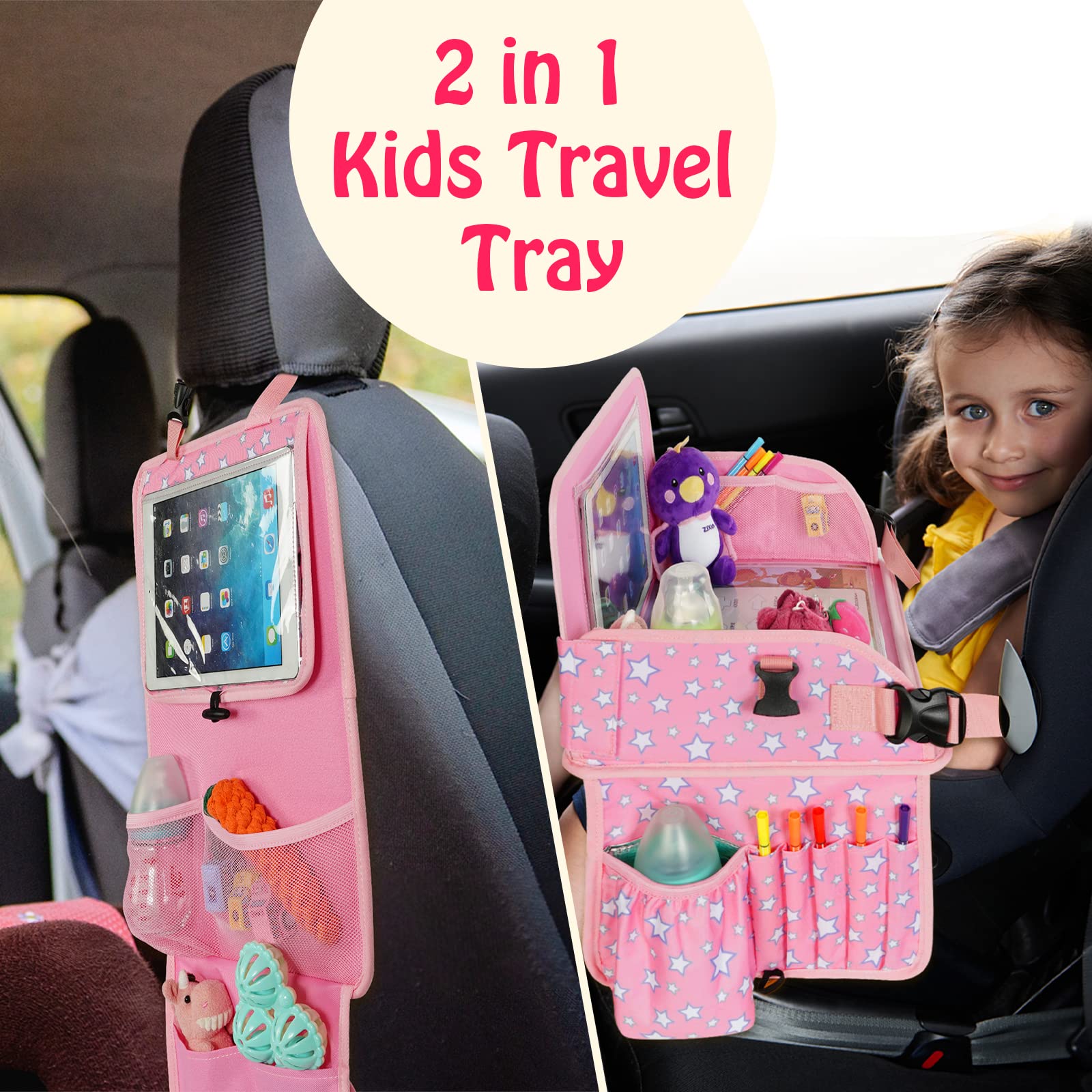 MENZOKE Pink & Black Kids Travel Tray Bundle,2 In 1 Backseat Car Organizer for Little KIds with Educational Drawing Board,Tablet Holder&Cooler Cup Holder, Car Seat Tray for Kid Travel, Birthday Gifts