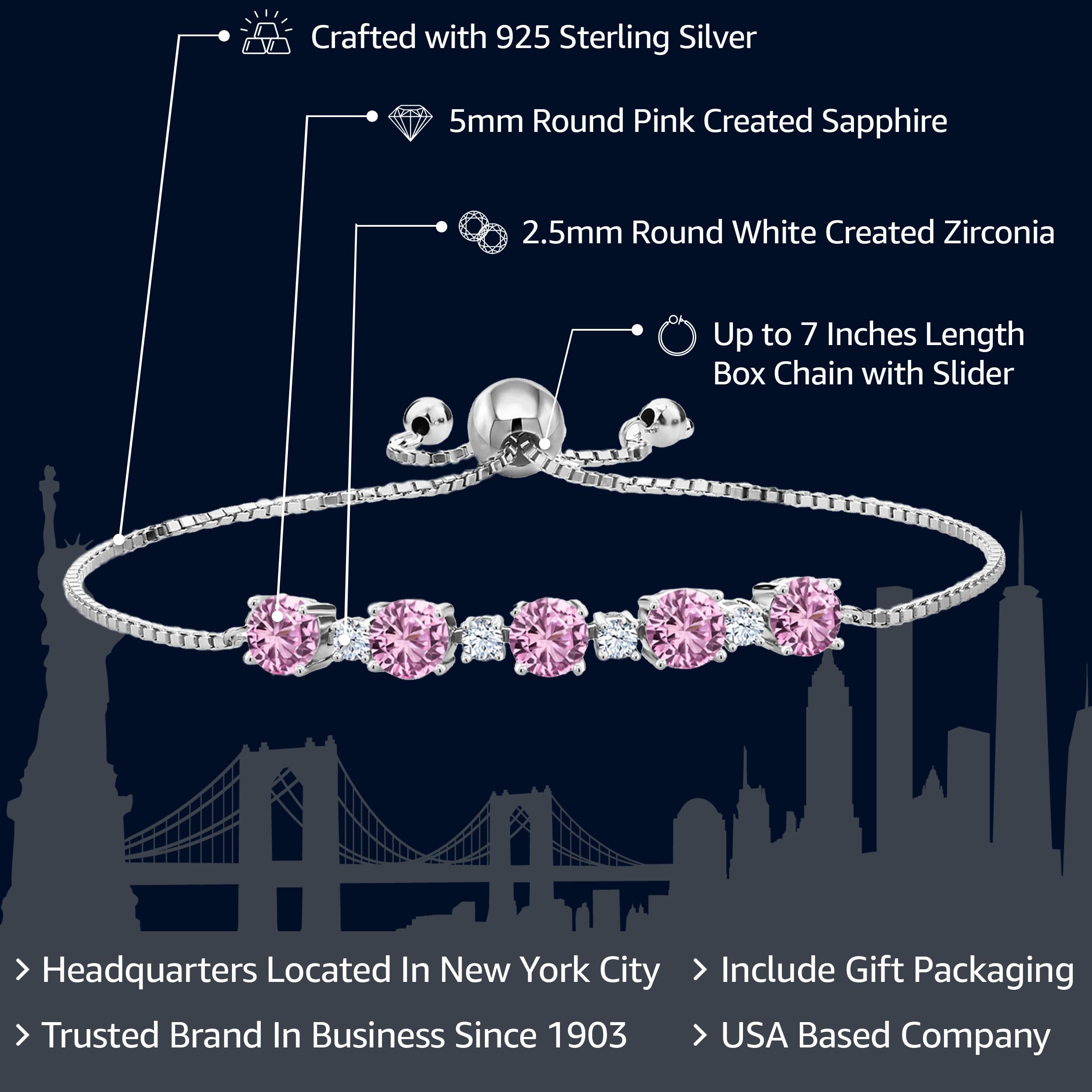 Gem Stone King 925 Sterling Silver Pink Created Sapphire Tennis Bracelet For Women (2.95 Cttw, Round 5MM and 2.5MM, Fully Adjustable Up to 9 Inch)