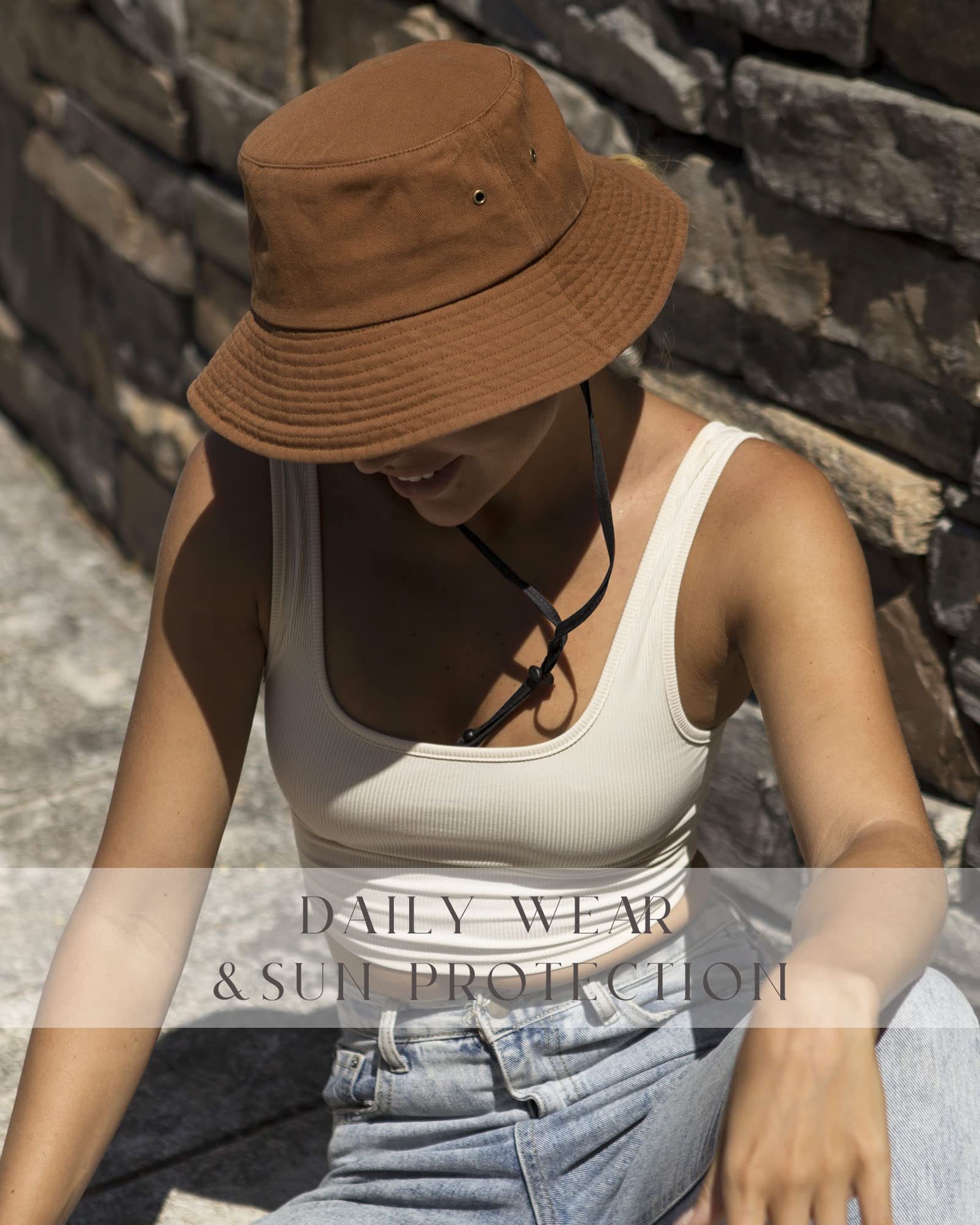 FURTALK Bucket Hats for Women Washed Cotton Packable Summer Beach Sun Hats Mens Womens Bucket Hat with Strings for Travel (Dark Orange, Medium, m)