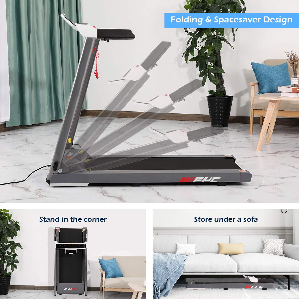 FYC Folding Treadmill for Home Electric Treadmill Exercise Running Machine Portable Compact Treadmill Foldable for Walking Home Gym Fitness Workout Jogging, Free Installation Gray