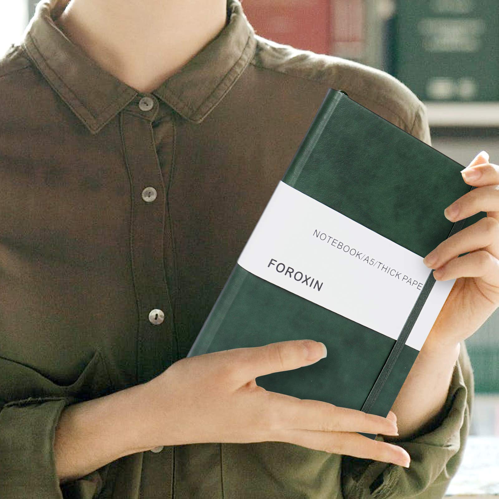 foroxin Lined Journal Notebook Dark Green Leather for Women Men 2 Pack 8.3 x 5.7 Large College Ruled 192 Pages 80gsm Hardcover Notebooks Work Home School with Elastic Band Closure and Ribbon Bookmark