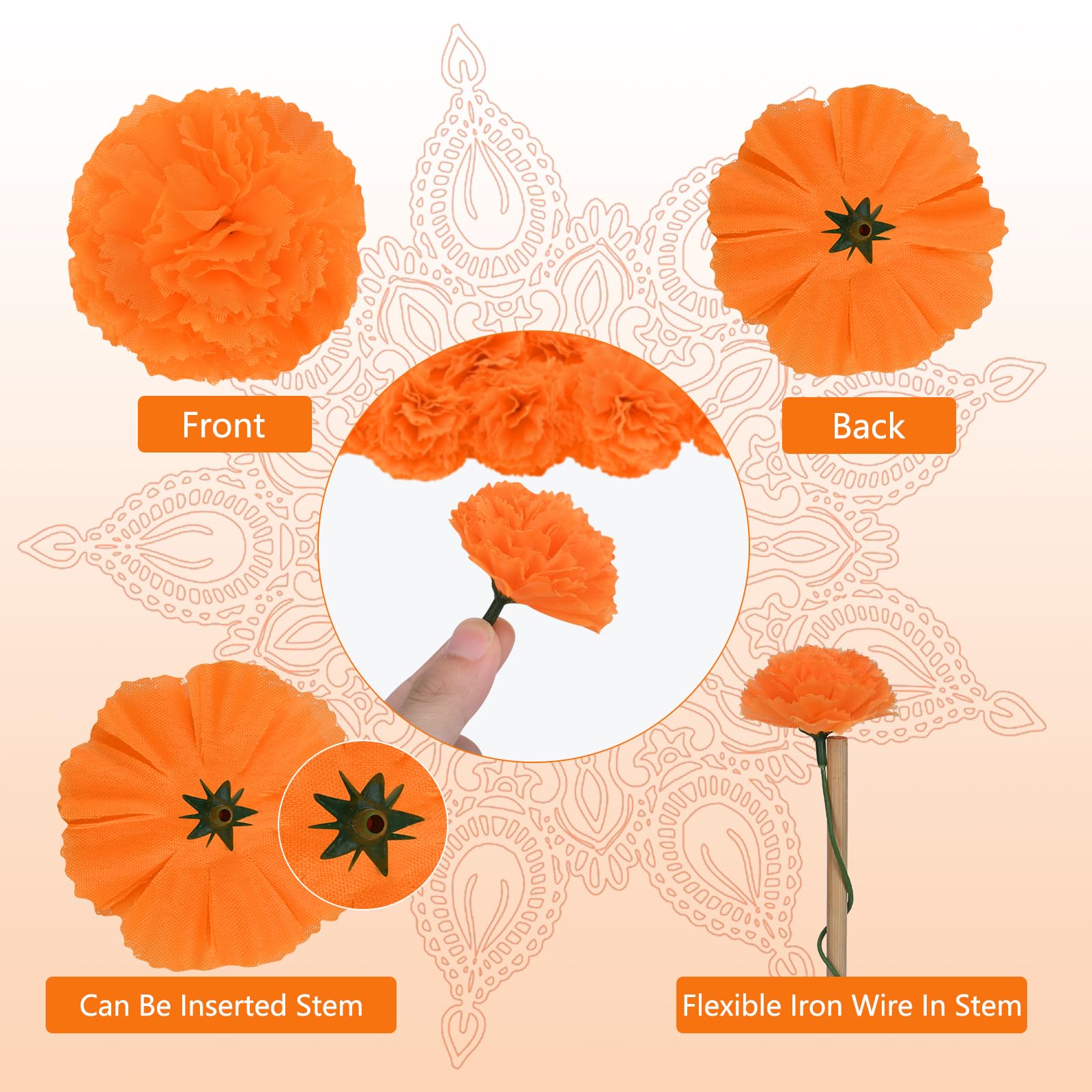 Fascidorm Marigold Flowers - 50Pcs Artificial Marigold Flowers with Stems, 2'' Silk Orange Marigolds for Day of The Dead Altar Wedding Diwali Decorations