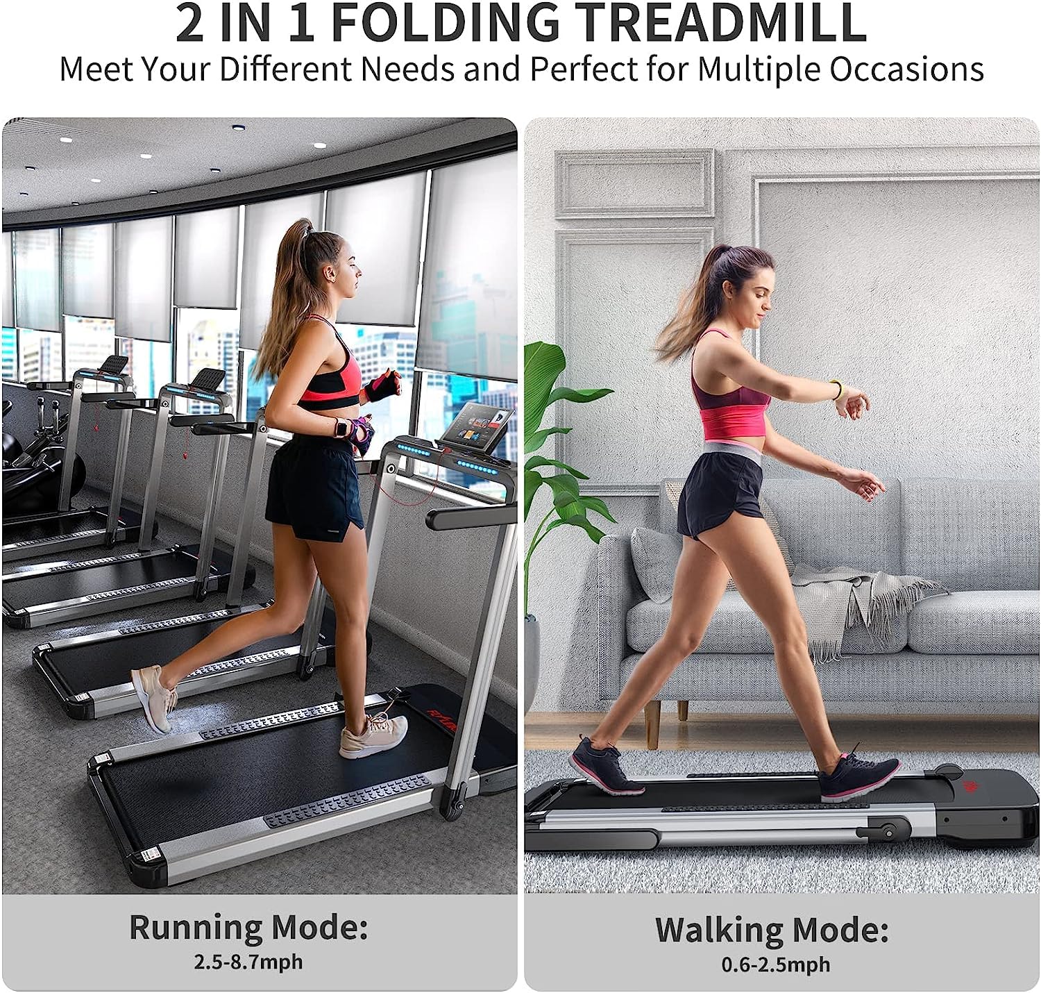 FLYLINKTECH 2 in 1 Foldable Treadmill, 2.25HP Electric Under Desk Treadmill with App & Remote Control, Led Display, 12 Preset Programs, Installation-Free Portable Treadmill for Home (Silver)