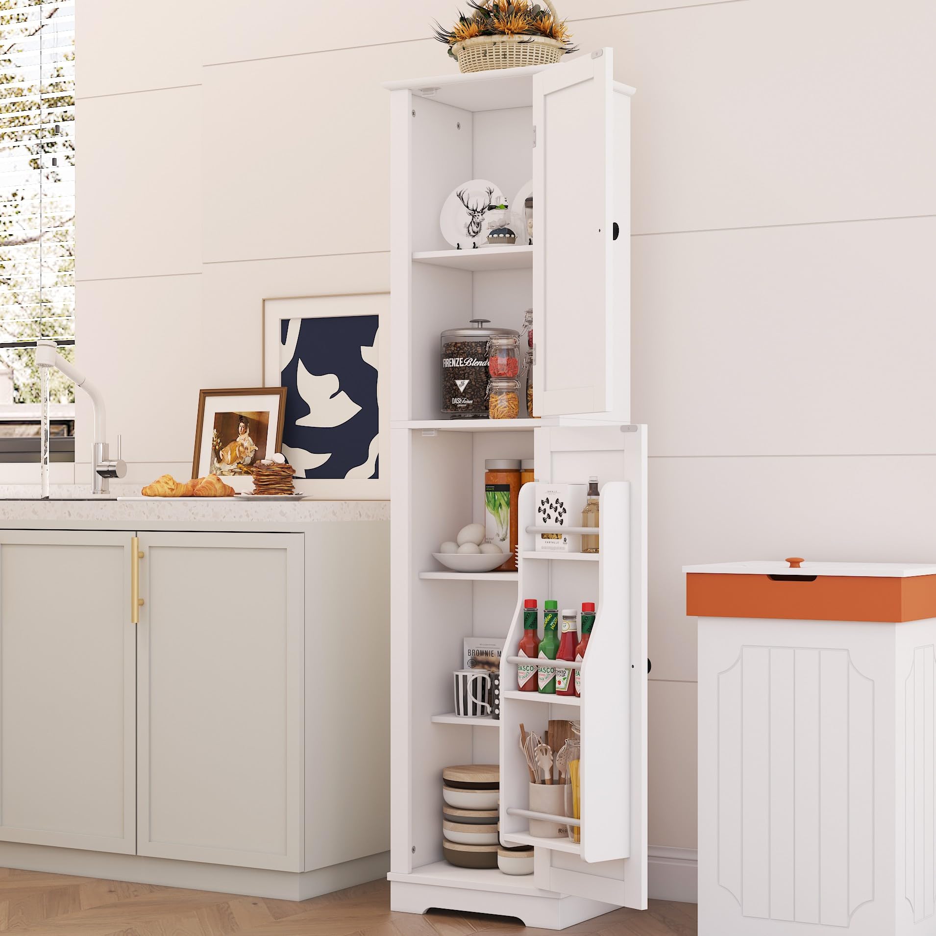 Function Home Modern Storage Cabinet, Free-Standing Floor Cabinet, Bathroom Cabinet with Adjustable Drawers, Open Shelf and Two Doors, Wooden Cupboard for Home, Living Room, Kitchen, Bedroom in White