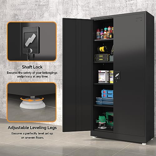 Fohufo Metal Storage Cabinet - 72-Inch Garage Cabinet with 4 Adjustable Shelves & Lockable Doors, Sturdy Tall Utility File Cabinet for Home, Office, School, Garage, Basement