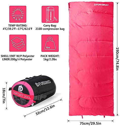 FUNDANGO Lightweight Compact Backpacking Sleeping Bag for Adult, Ultralight 3 Season Thin Warm Weather Waterproof Portable Envelope Sleeping Bag for Camping, Hiking, Summer, Spring, Fall, Women, Men