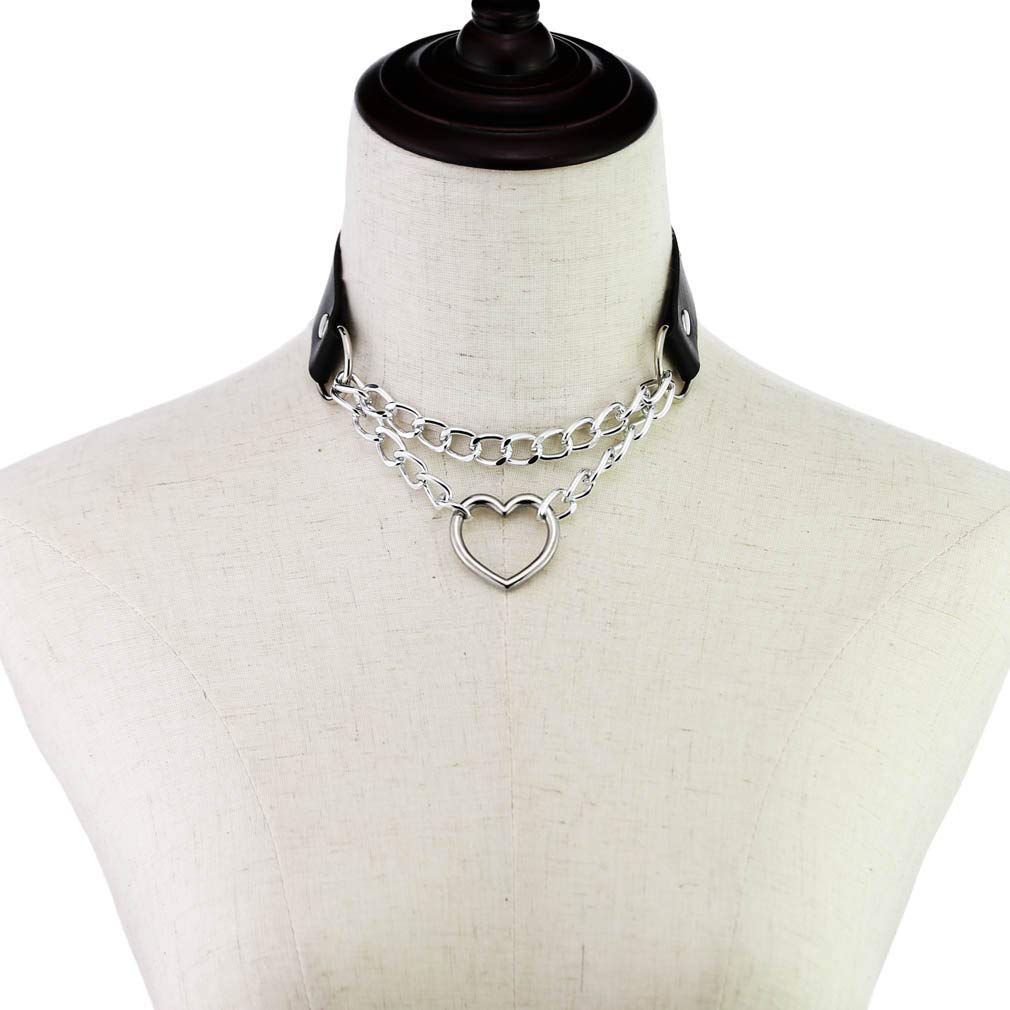 FM FM42 Pink PU Simulated Leather Gothic Punk Silver-tone Heart Ring Cuban Curb Link Chain Adjustable Neckband Collar Choker PN2401