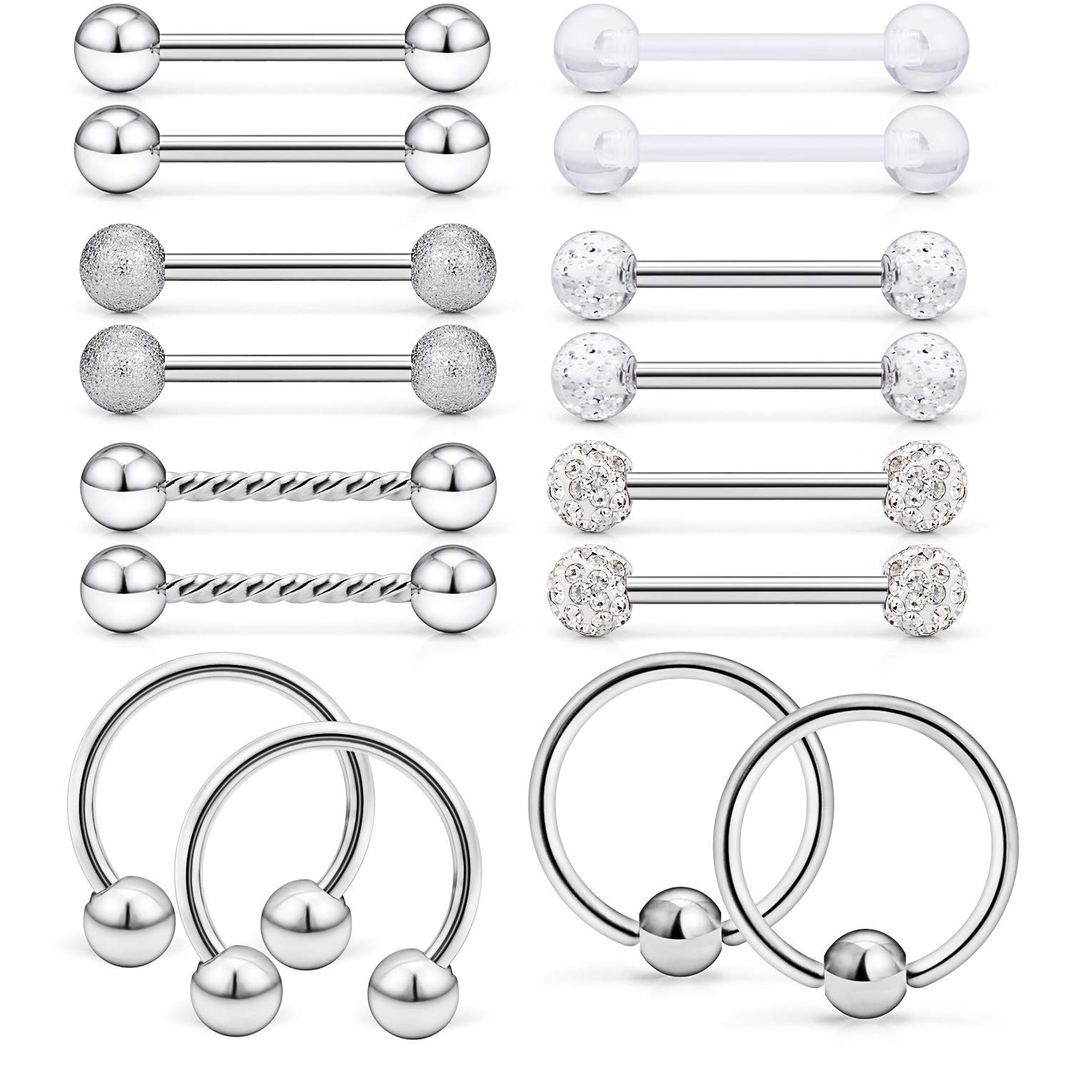 Ftovosyo 16Pcs Nipple Ring 14G Surgical Steel Tongue Nipplerings Barbell Bar Hoop Rings Retainer Piercing Jewelry for Women Men 14MM (9/16 Inch) Silver-tone