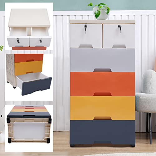 Plastic Dressers with 6 Drawers Storage Cabinet Tall Dresser with Wheels & Lock for Clothes, Bedroom, 19.69 * 13.78 * 40.16inch (Style 2)