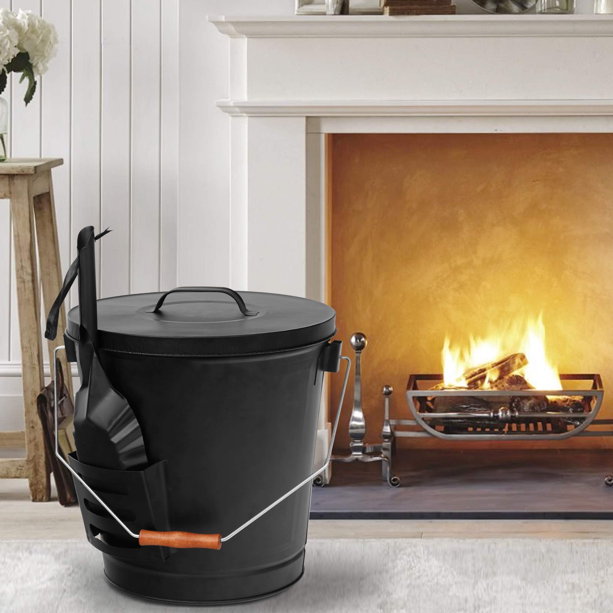 ZENY Fireplace Ash Bucket with Shovel and Lid, Large Size 5 Gallon Coal Bucket Hot Ashes Container Carrier for Fireplace Firepit Wood Stove, Fireplace Tools
