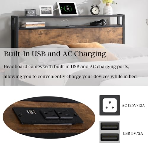 Foinfun King Bed Frame with USB and AC Charging, King Platform Metal Bed, Headboard with 2 Layers of Shelving, No Box Spring Needed, Brown