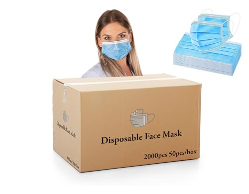 Perynt [Pack of 2000] Blue Disposable Face Masks Protective 3-Ply Breathable Comfortable Nose/Mouth Coverings for Home & Office Elastic Ear Loop 3-Layer Safety Shield for Adults/Kids. Bulk Face Mask.