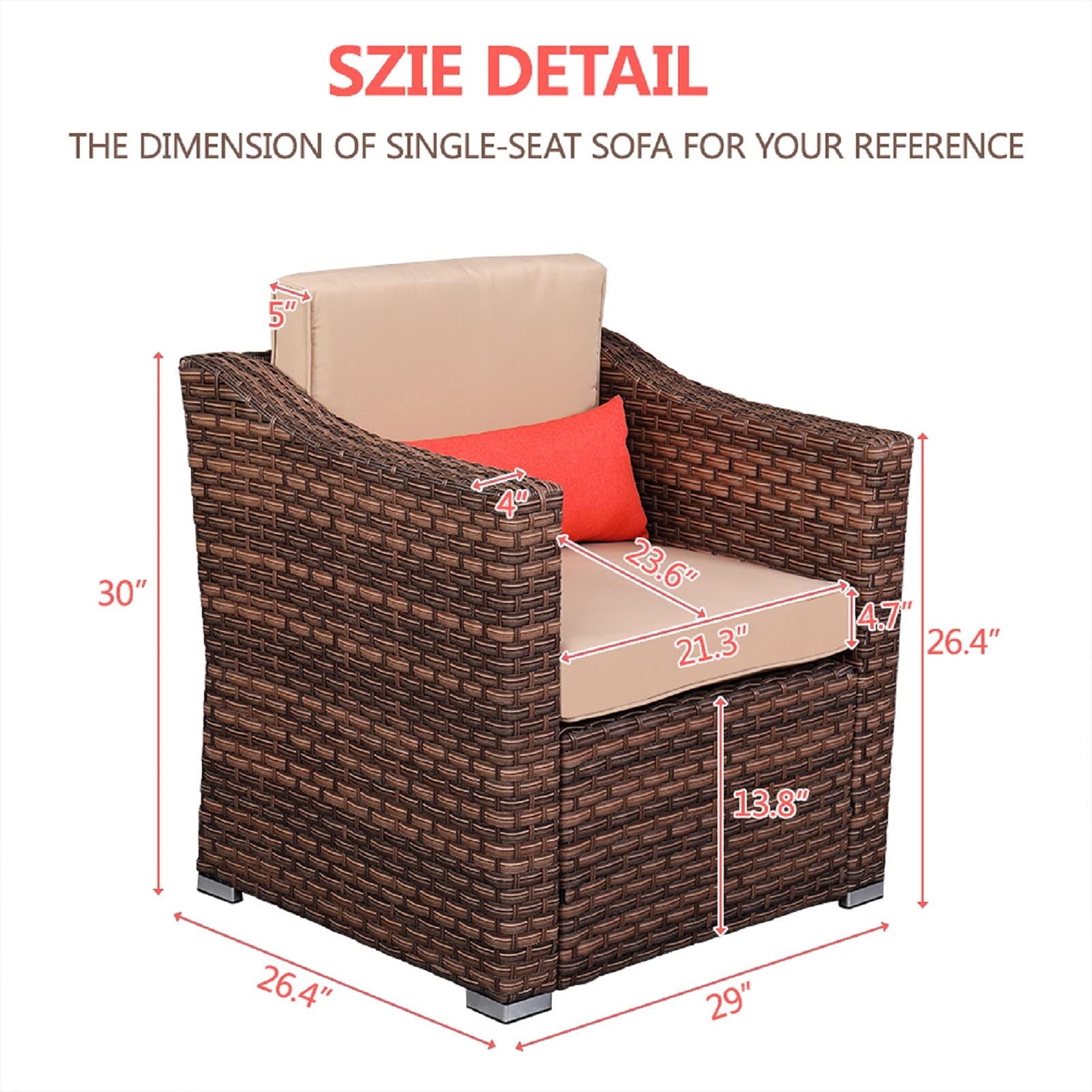 fuhan 5 PCS Outdoor Lounge Chair Chat Conversation Set - All-Weather PE Wicker Cushioned Patio Chairs Set of 2 with OttomansPillows & Double-Layer End Table, Brown, 74 x 67 x 76 cm