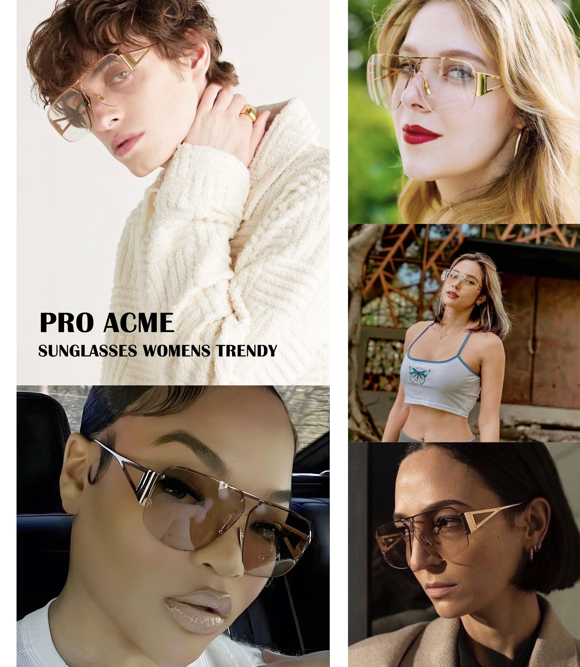 Pro Acme Aviator Sunglasses Women Men Trendy Rimless Frame Retro Square Shades Large Metal Sun Glasses(Champagne)