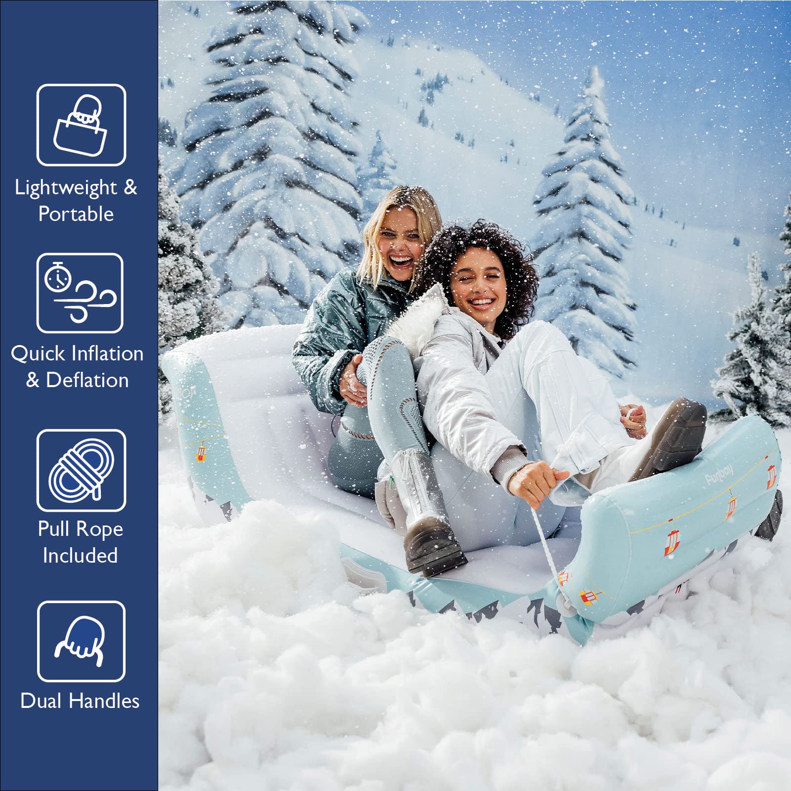 FUNBOY 2 Pack, 61" Inflatable Alpine Mountain Sleigh, 2 Person Capacity, with Grooved Rubber Base Tracks, 2 Handles, and Hand Pull Rope
