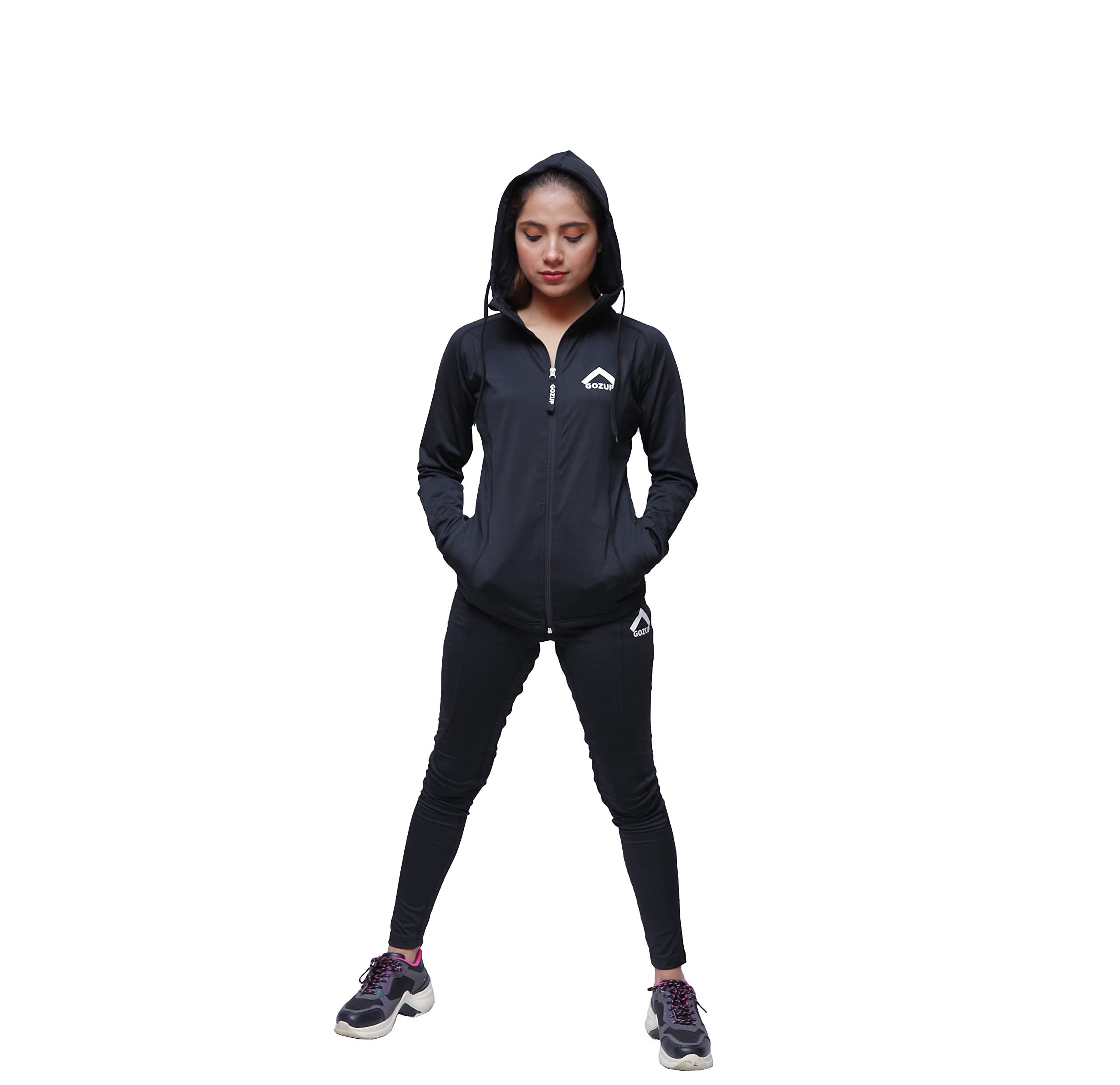 GOZUP Workout Jackets for Women - Full Zip Lightweight Quick Dry Hooded Black