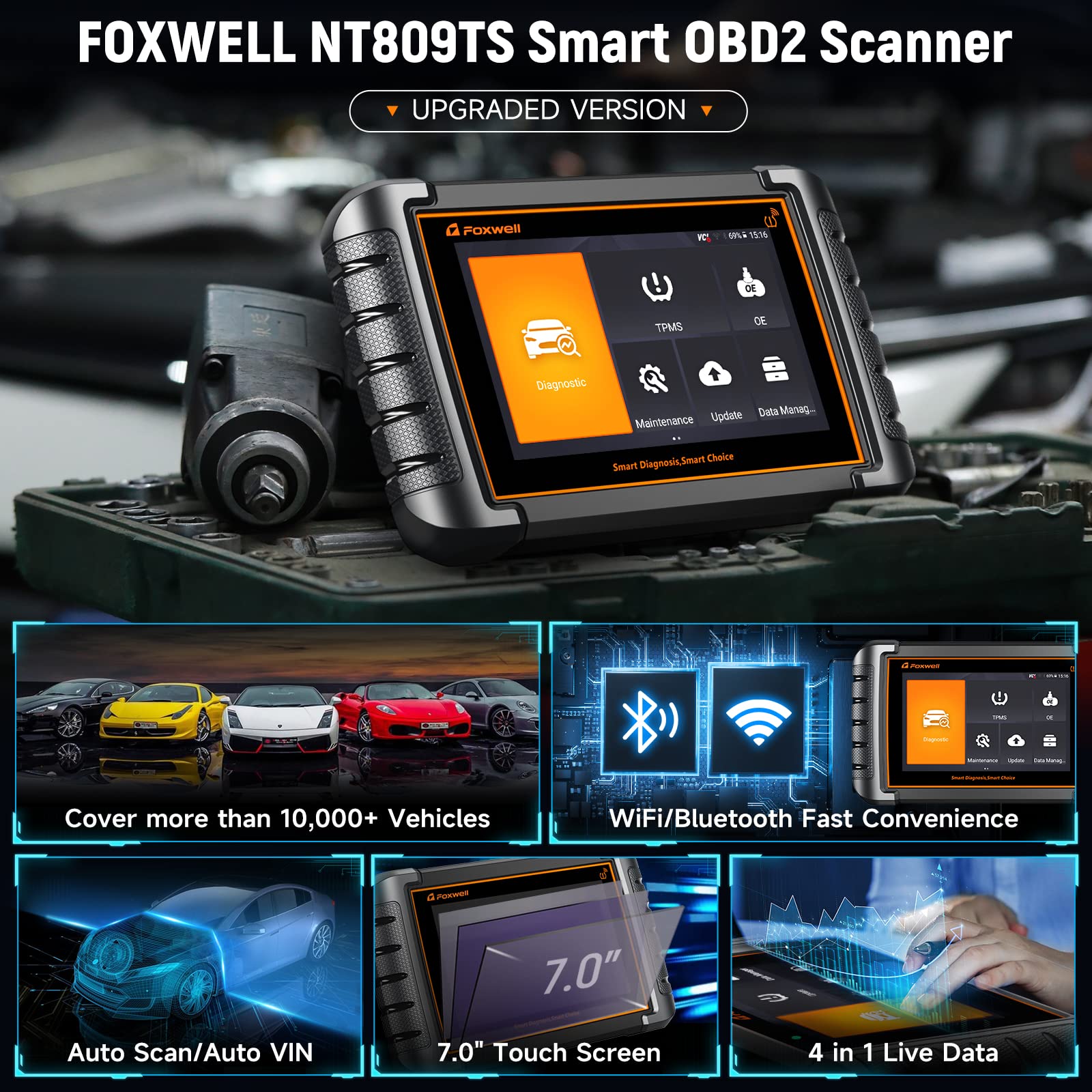 FOXWELL NT809TS OBD2 Scanner Diagnostic TPMS All System Bluetooth Bidirectional Scan Tool with 30+ Services ABS/TPMS/EPB/Airbag/SAS/Battery/Oil Reset, 3-Year Update with 4 PCS Sensors
