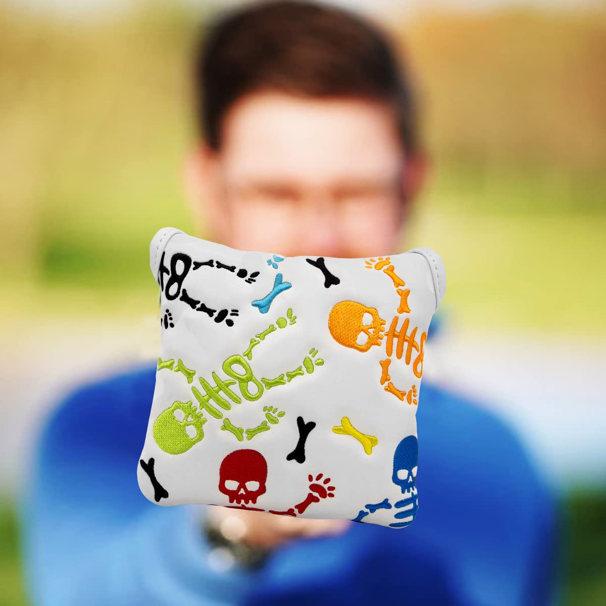 Funny Skeleton Man Golf Square Mallet Putter Cover, Mallet Headcover with Magnetic Closure - 3 Colors Options - Black/Red/White Golf Putter Head Cover (Red Base)