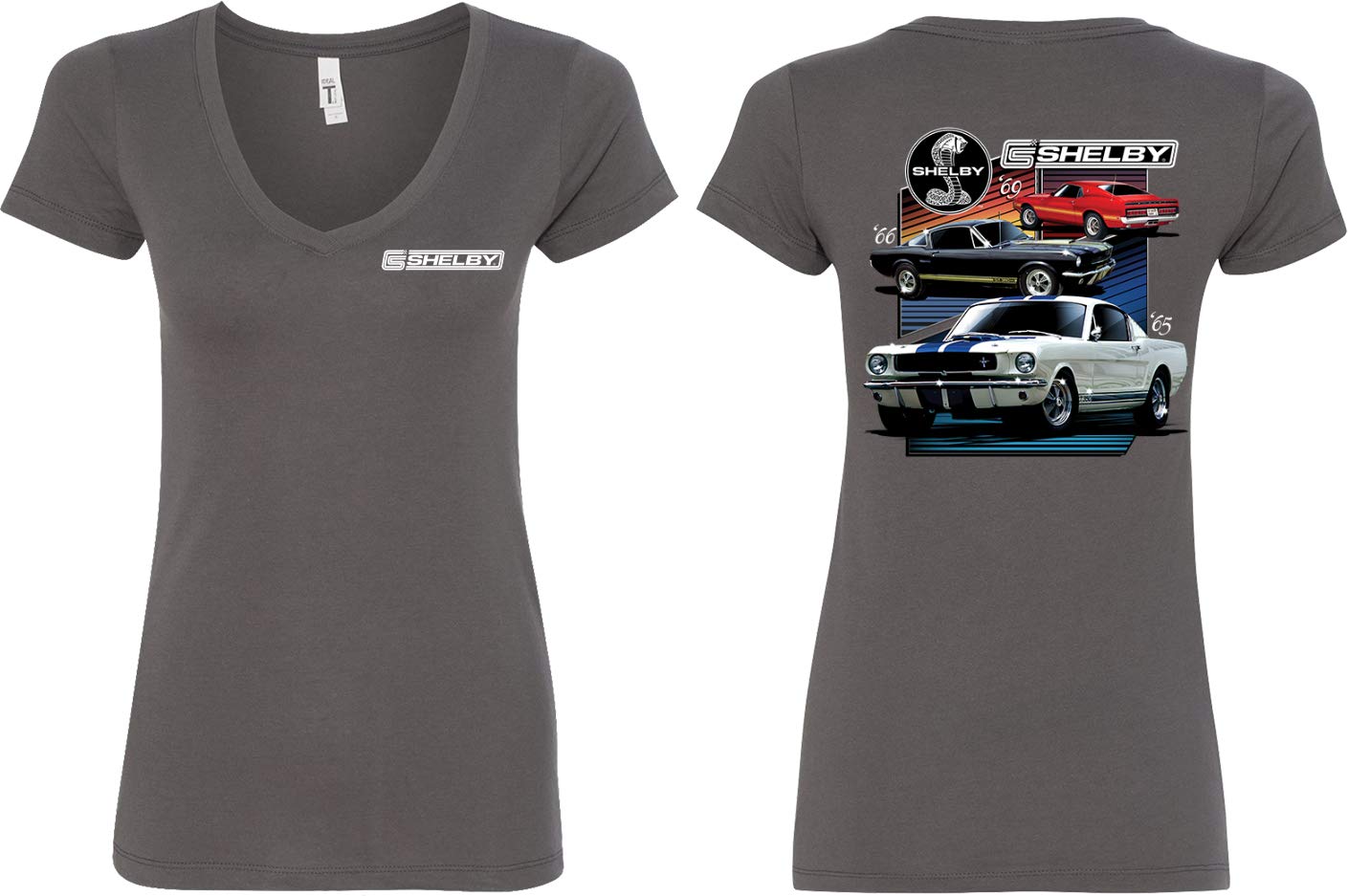 Ford Mustang Various Shelby Front and Back Ladies V-Neck Dark Grey MD